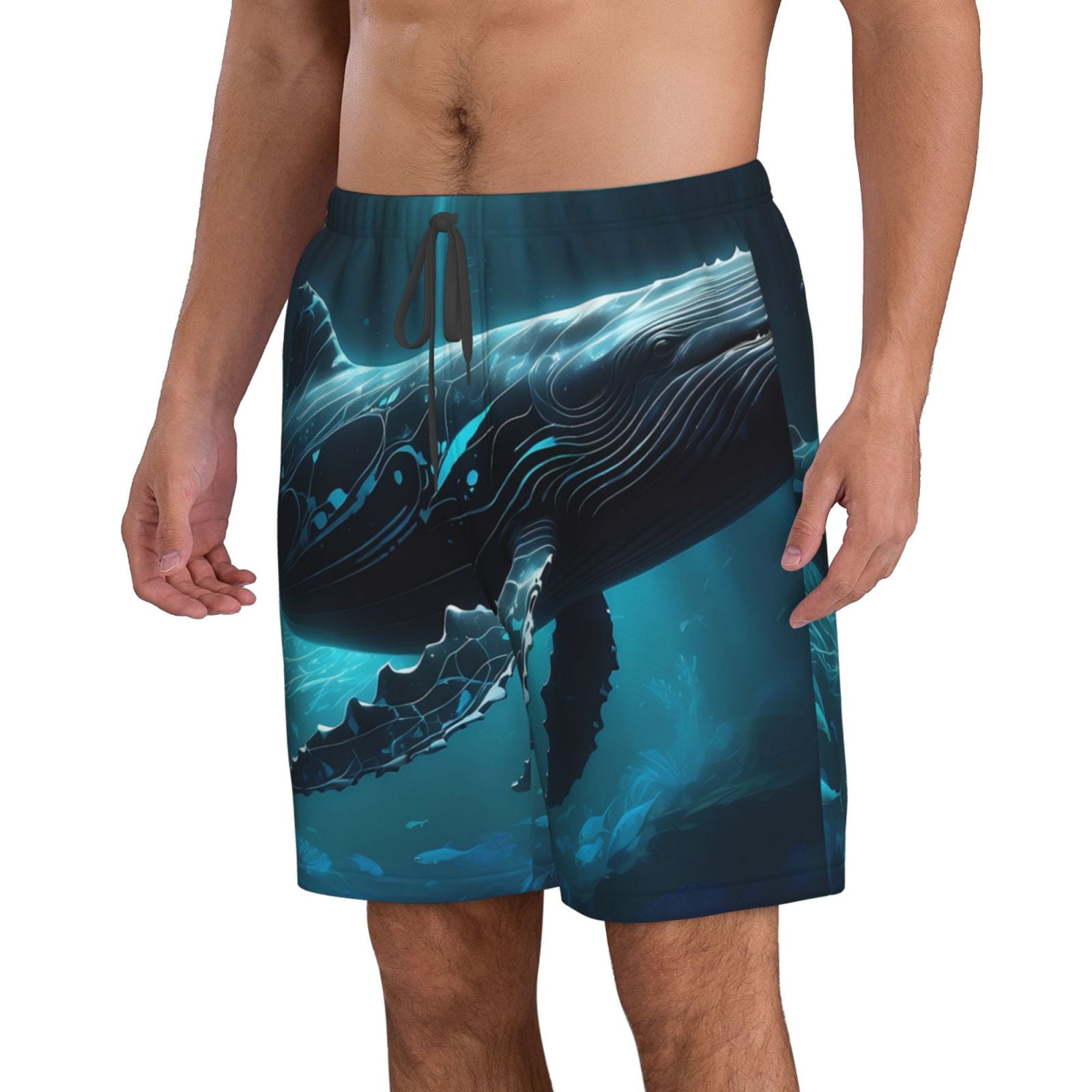 Uemuo Vintage Blue Pattern Whale Pattern Men's Swim Trunks Hawaiian ...