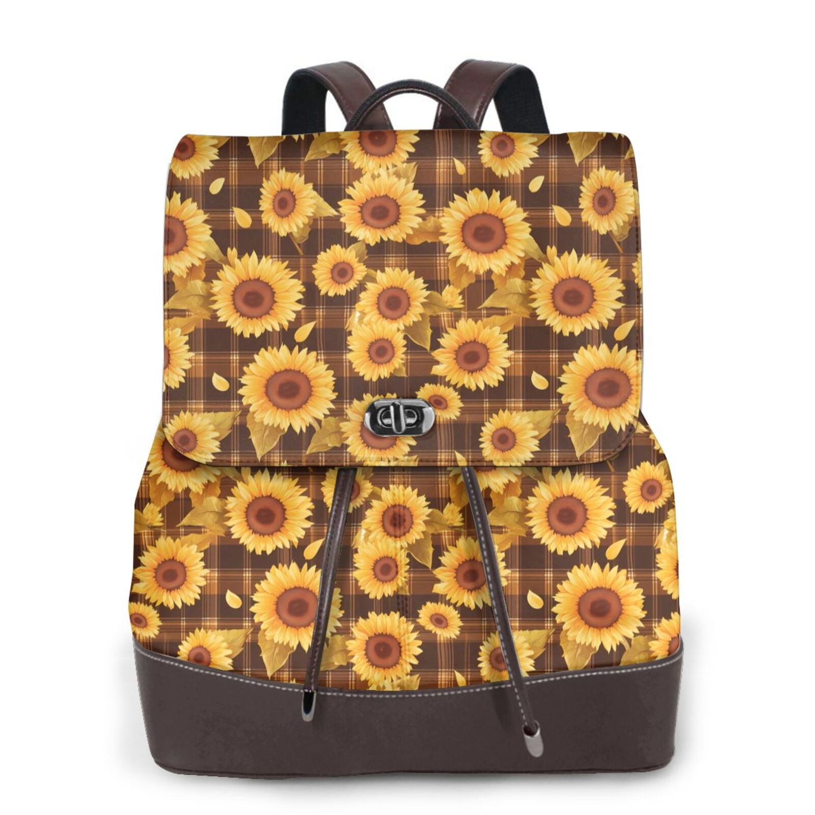 Uemuo Vintage Brown Plaid Sunflower for Backpack Purse for Women Large ...