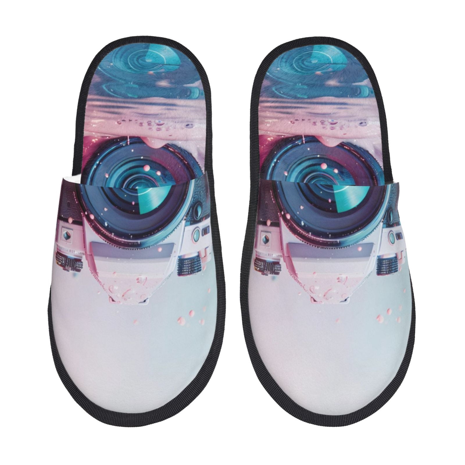 Uemuo Vintage Camera Splash Art Printe Plush Furry Slippers with EVA ...