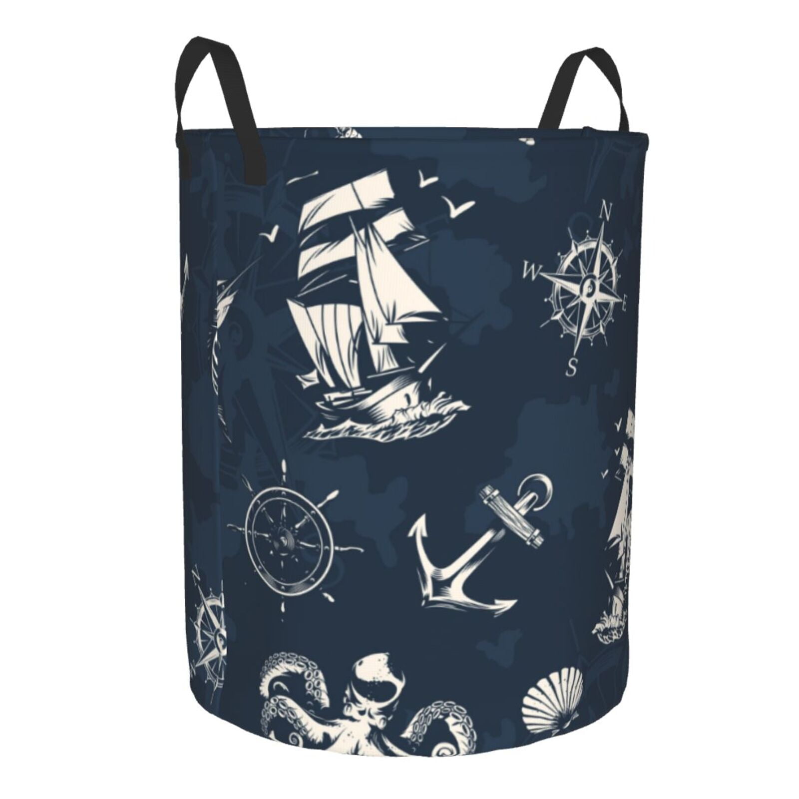 Uemuo Vintage Marine Pattern Circular Laundry Hamper Basket with ...