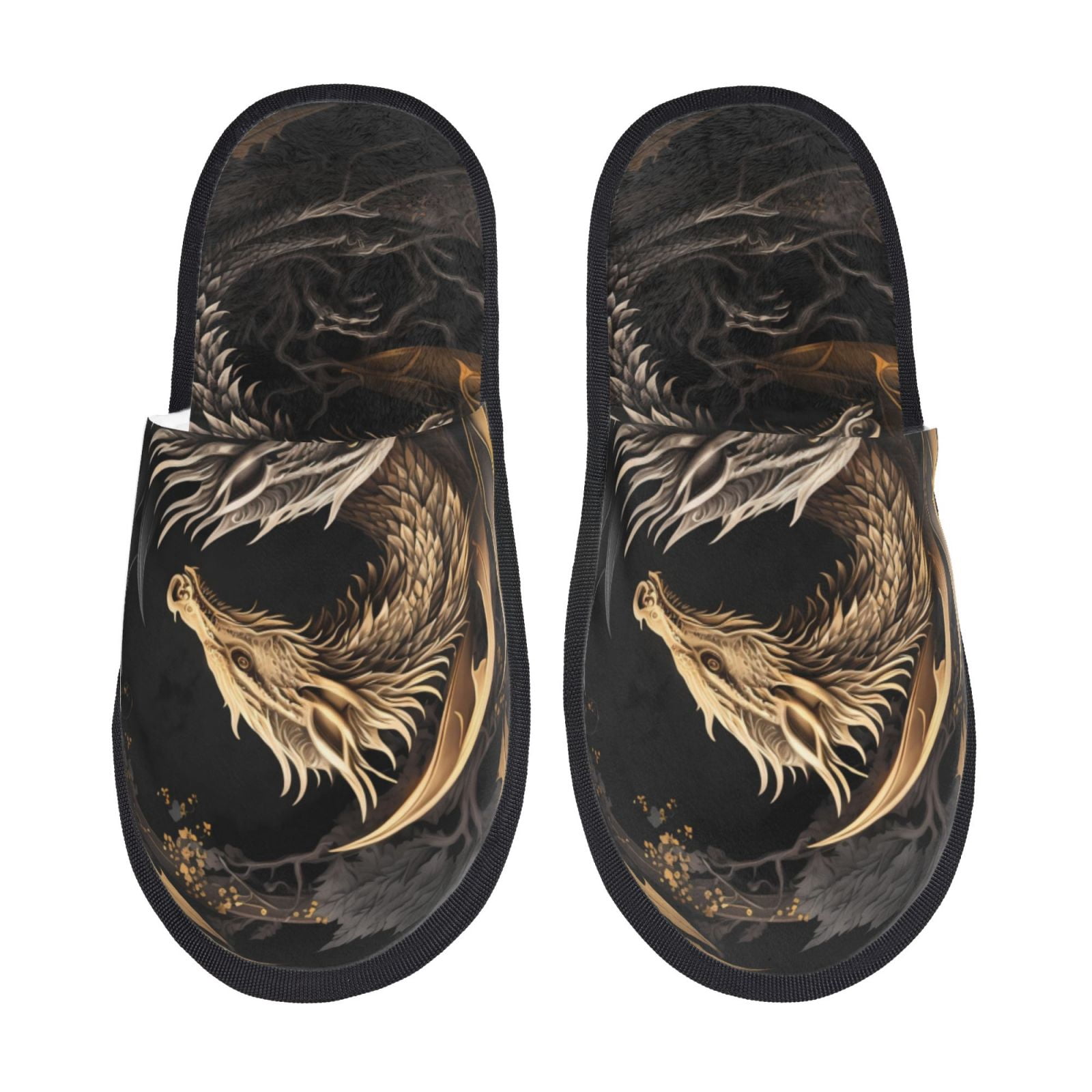 Uemuo Vintage Metal Dragon Printe Plush Furry Slippers with EVA Sole ...