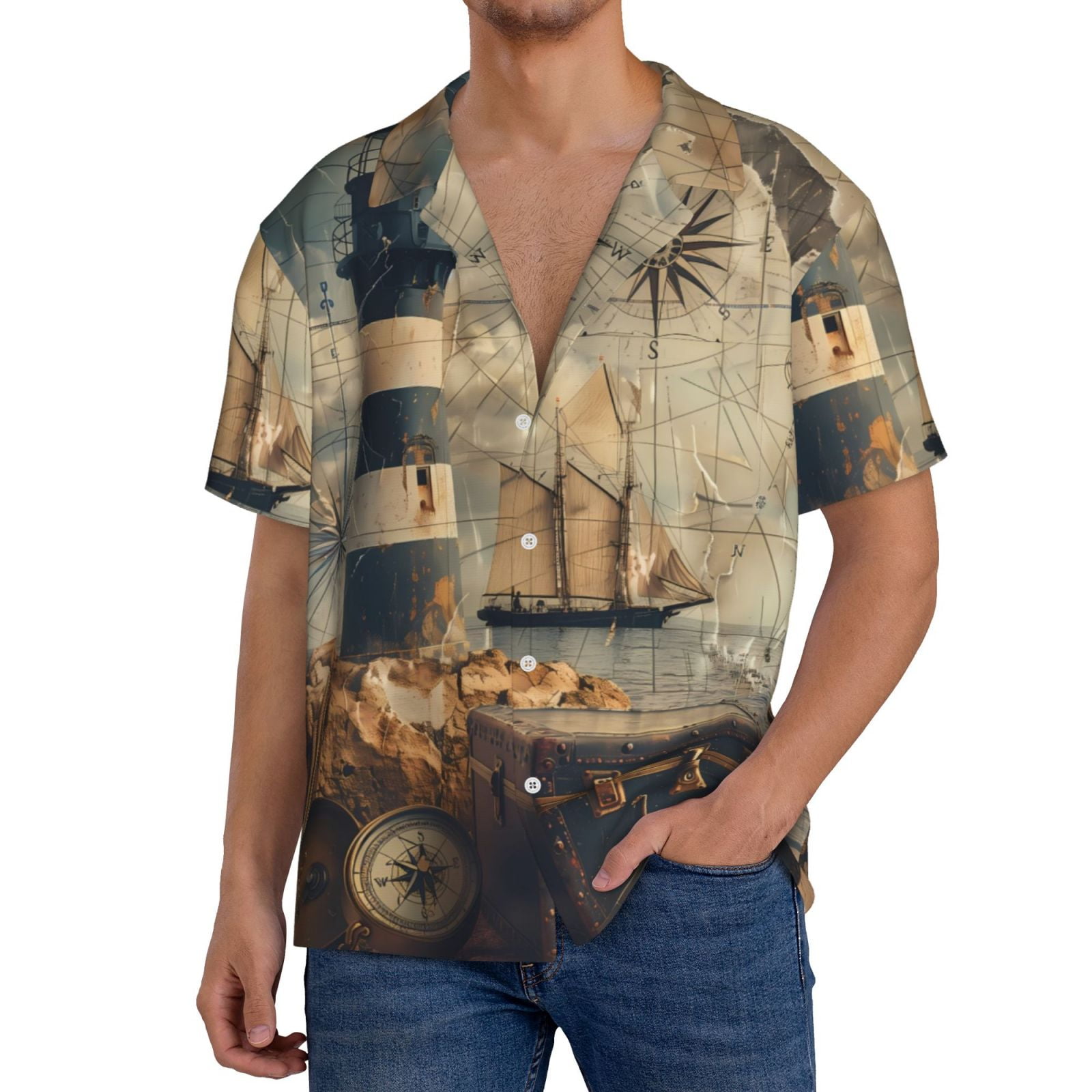 Uemuo Vintage Nautical Lighthouse Pattern Cotton Linen Short Sleeve ...