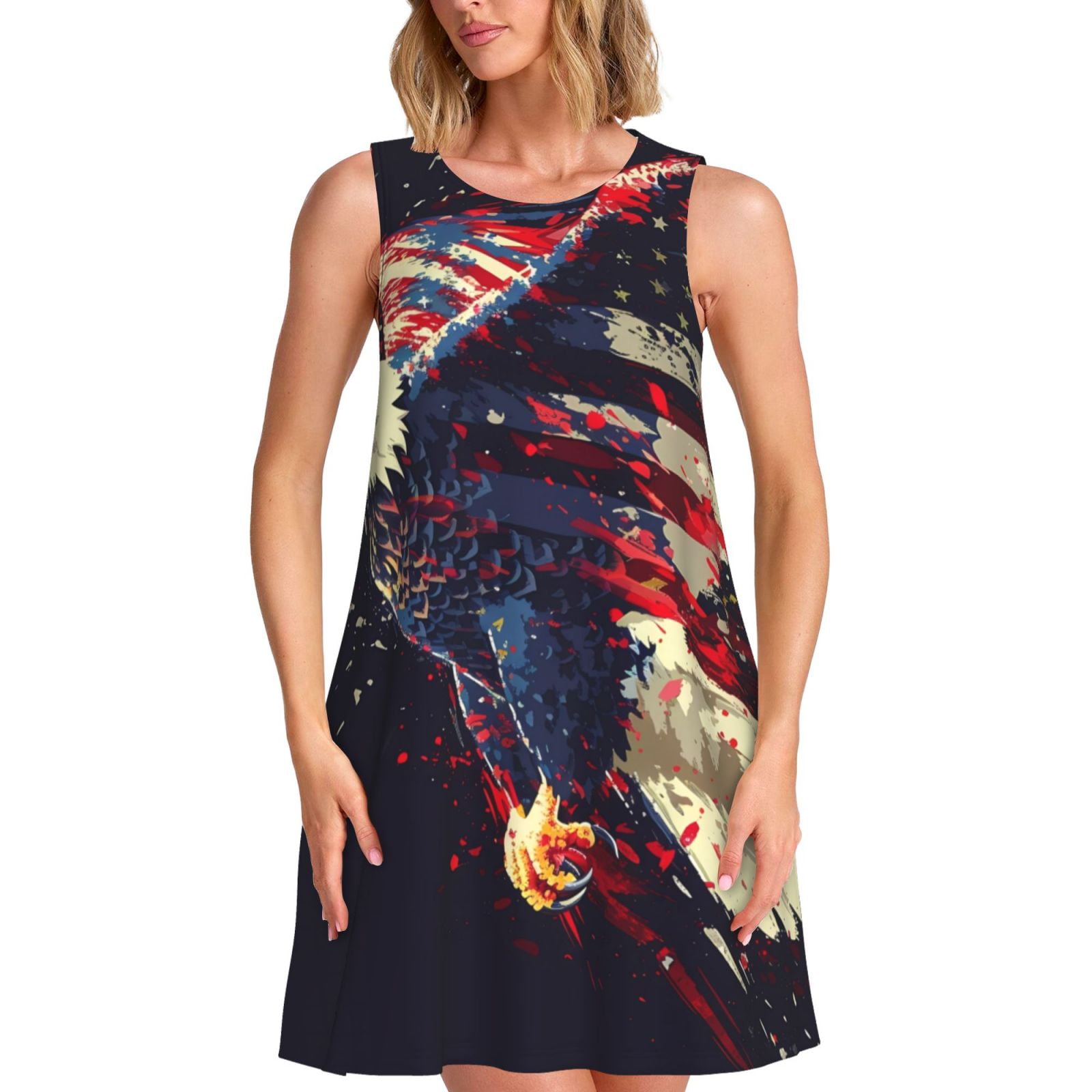 Uemuo Watercolor Bald Eagle Pattern Women’s Sleeveless Dress – Casual ...