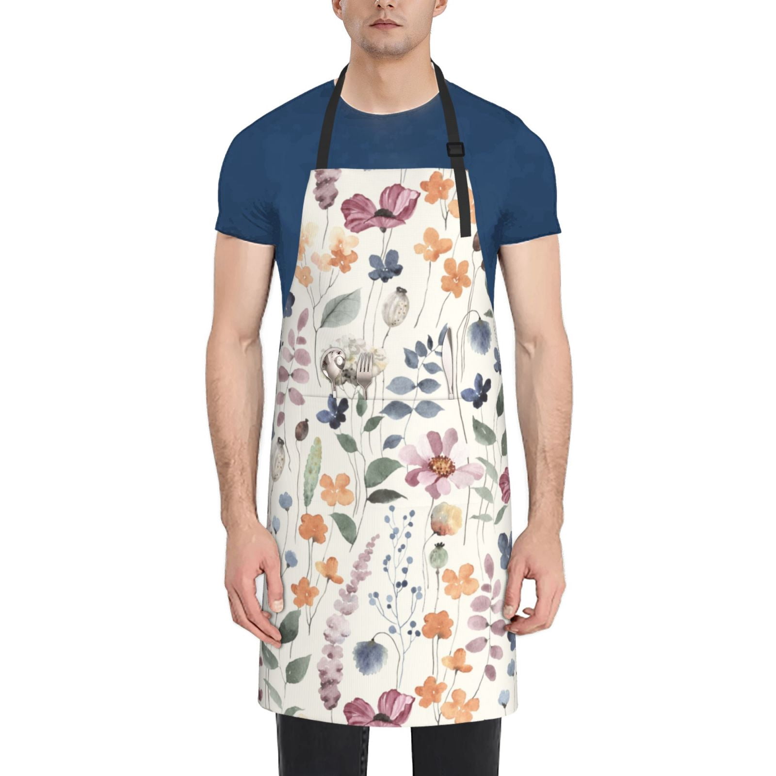 Uemuo Watercolor Floral Pattern Waterproof Apron Adjustable Dishwasher ...