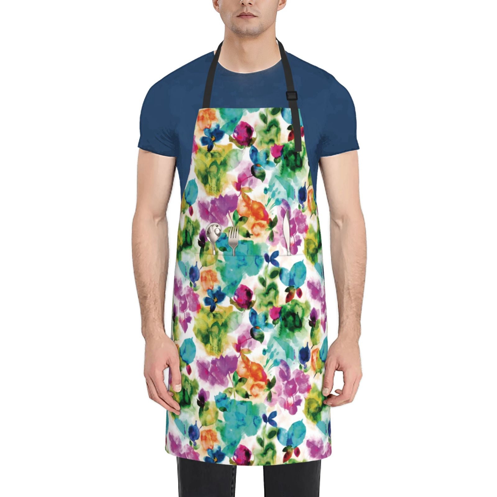 Uemuo Watercolor Flowers Pattern Waterproof Apron Adjustable Dishwasher ...