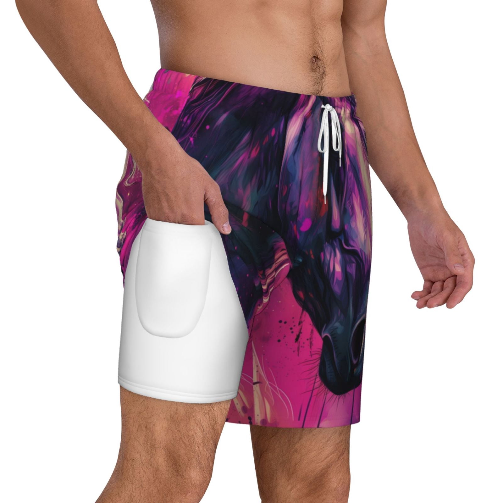 Uemuo Watercolor Painting White Horse Pattern Mens Swim Trunks Quick ...