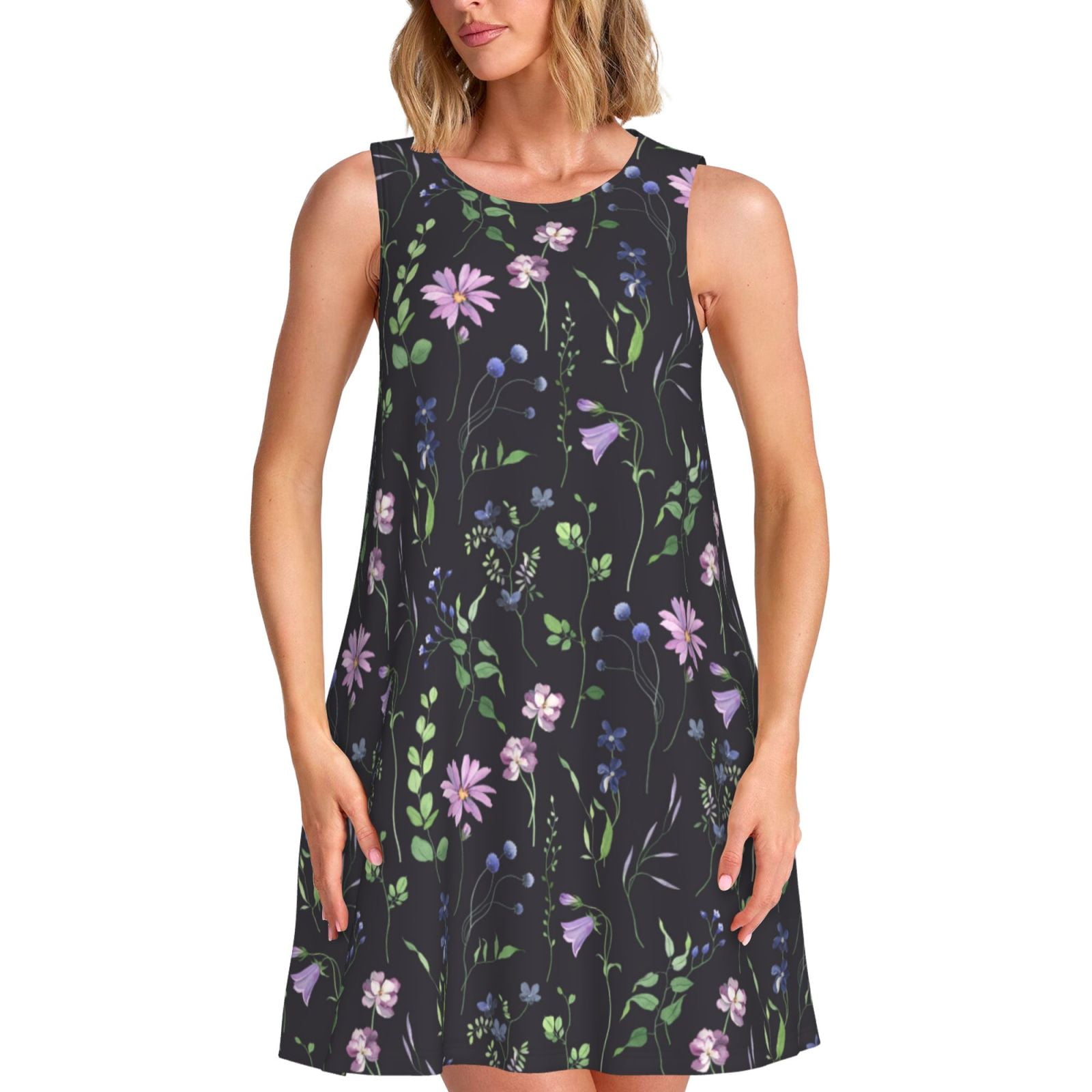 Uemuo Watercolor Wildflower 1 Pattern Women’s Sleeveless Dress – Casual ...