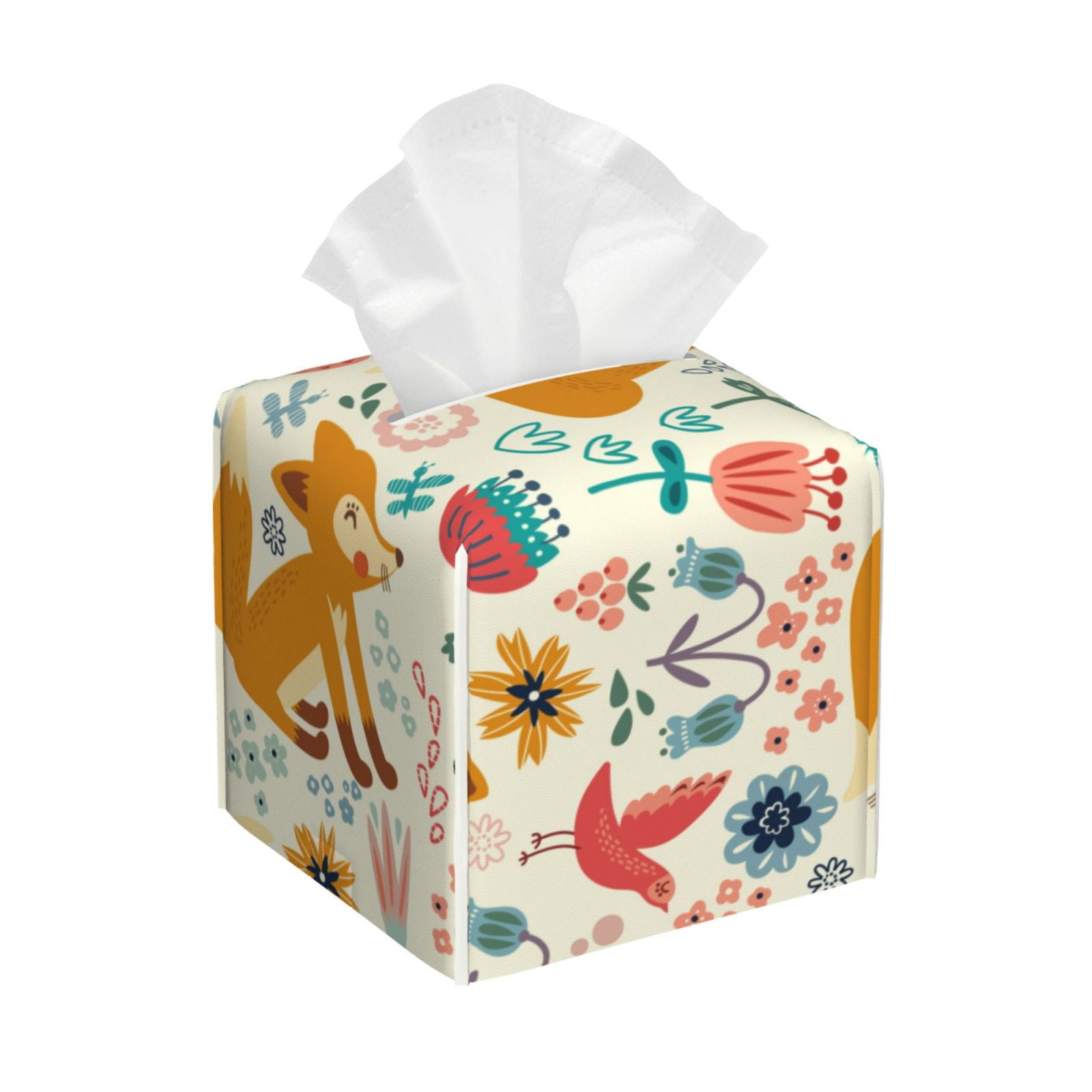 Uemuo Whimsical Fox Floral Garden Tissue Box Cover Holder, Square with ...