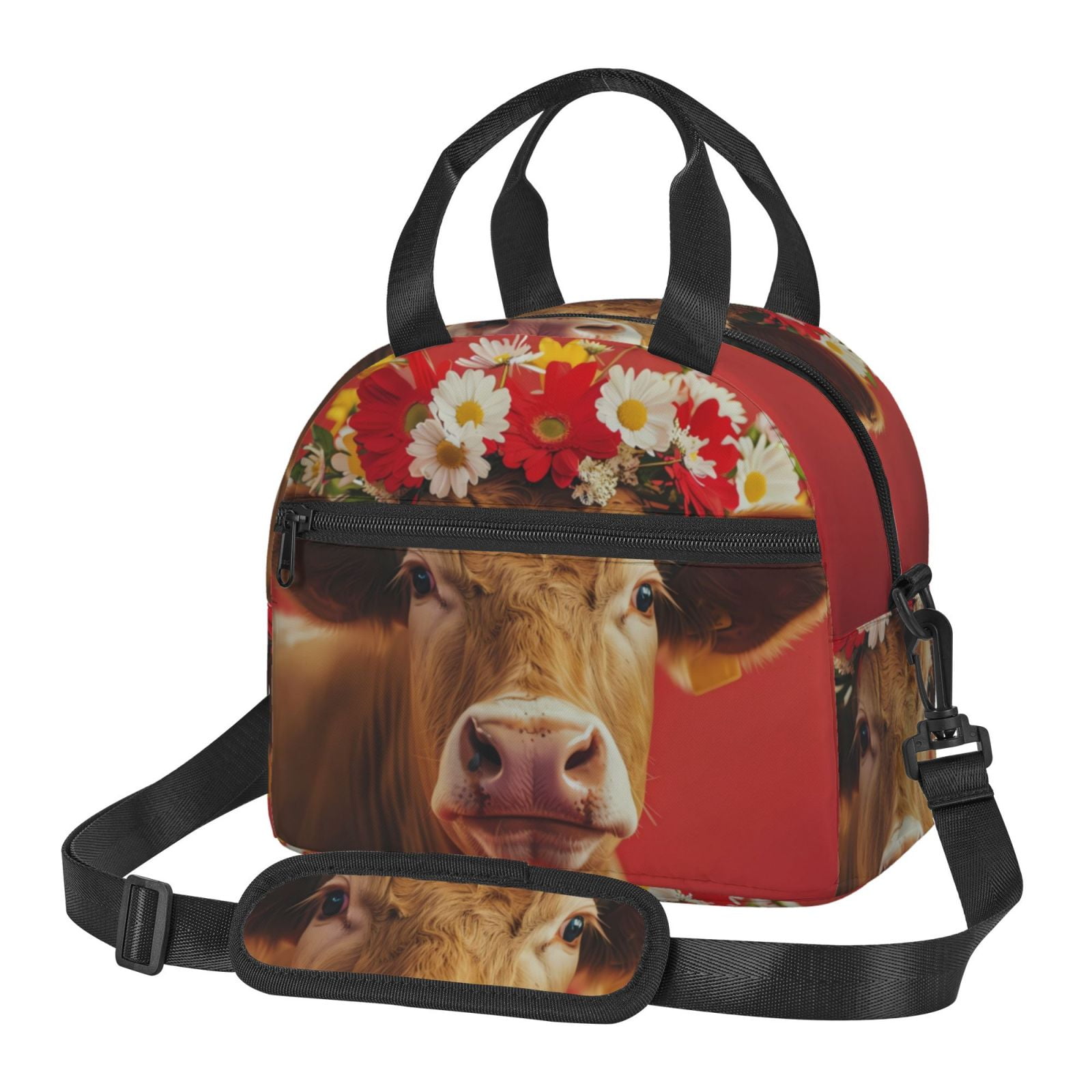 Uemuo White And Red Daisy Cow Printed Lunch Bag Lunch Box Reusable ...