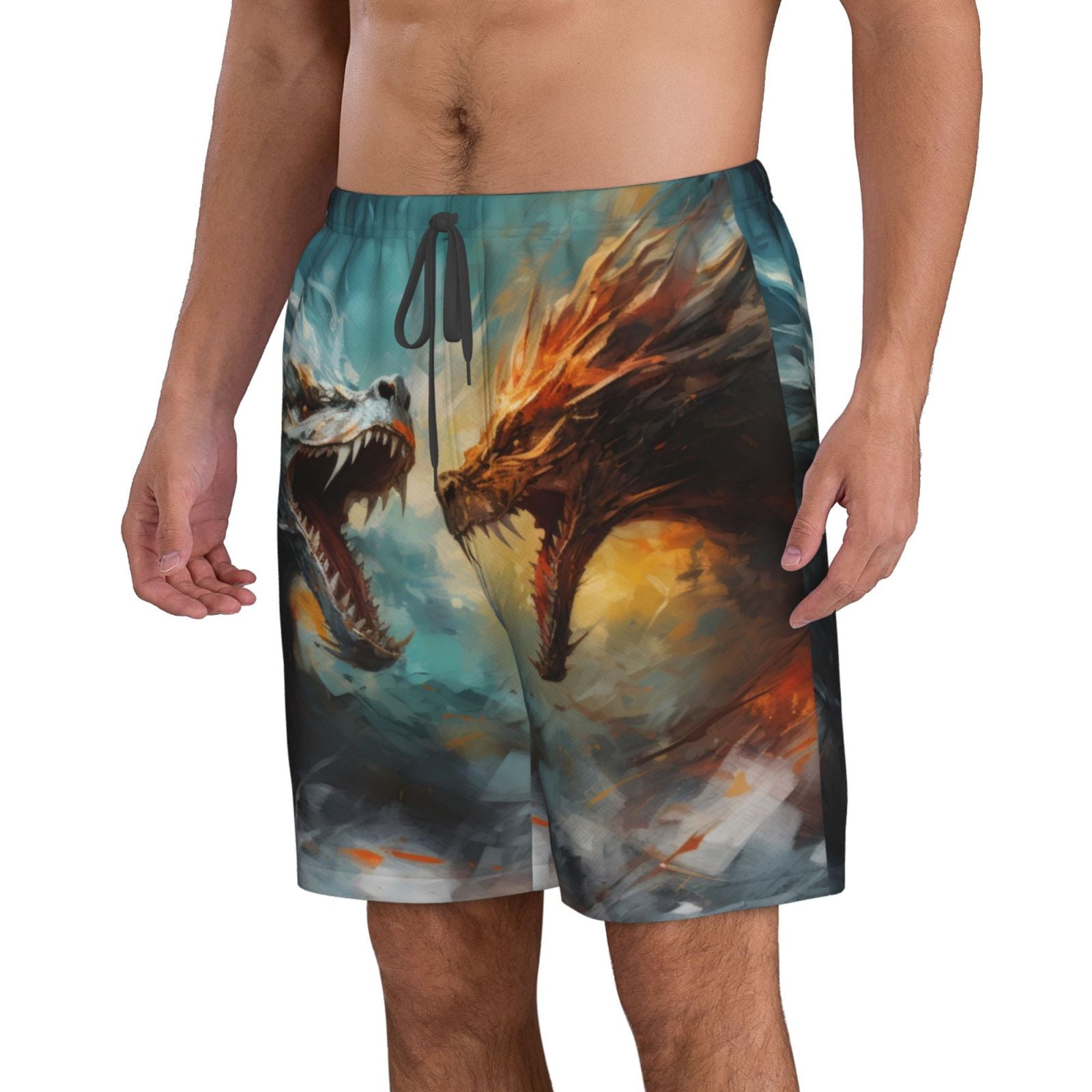 Uemuo White And Red Sketch Dragon Pattern Men's Swim Trunks Hawaiian ...