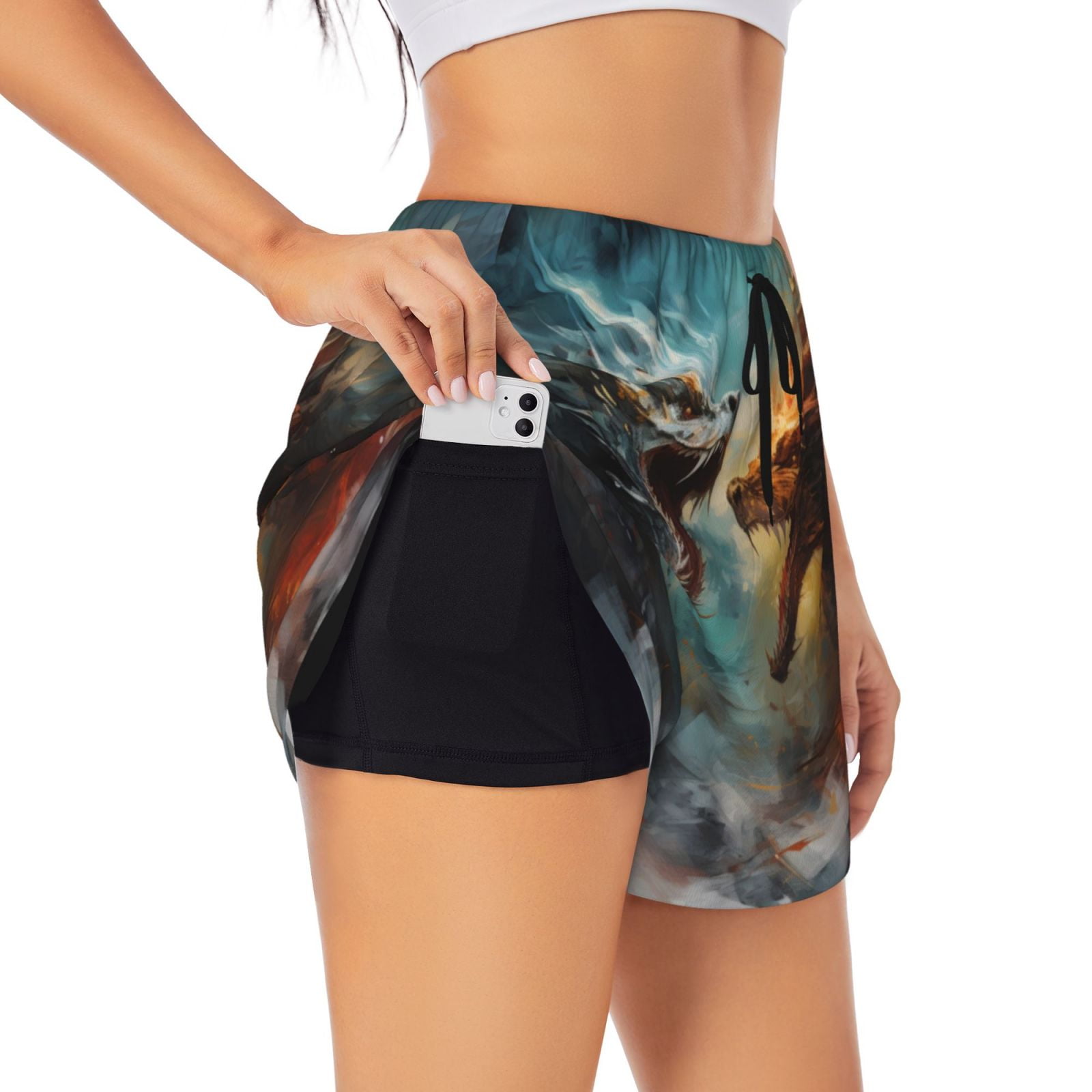 Uemuo White And Red Sketch Dragon Pattern Women's Athletic Shorts High ...