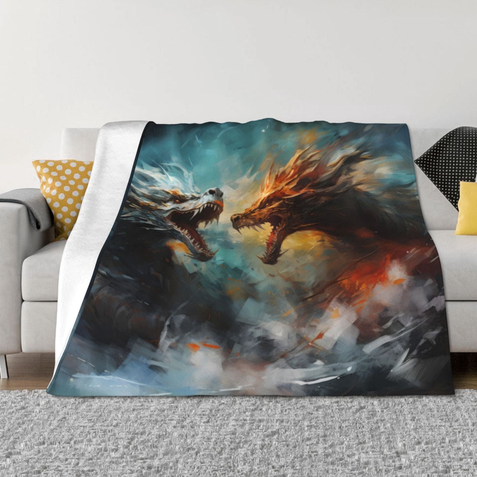 Uemuo White And Red Sketch Dragon Printed Throw Blanket for Couch ...