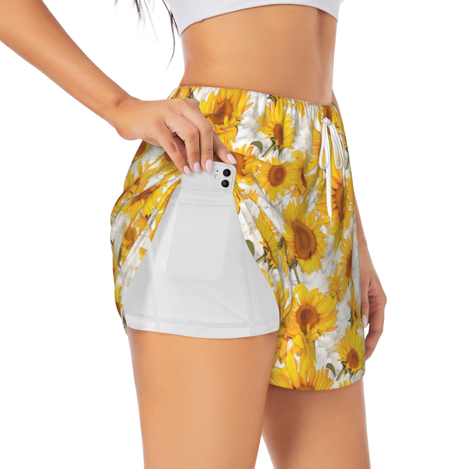 Uemuo White Marble Pattern Sunflower Pattern Women's Athletic Shorts ...