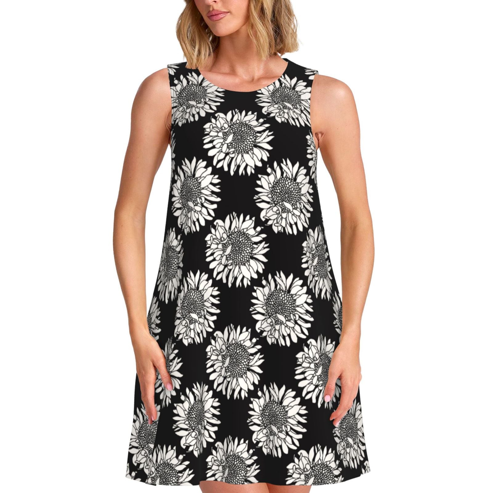 Uemuo White Sunflowers Pattern Women’s Sleeveless Dress – Casual Summer ...