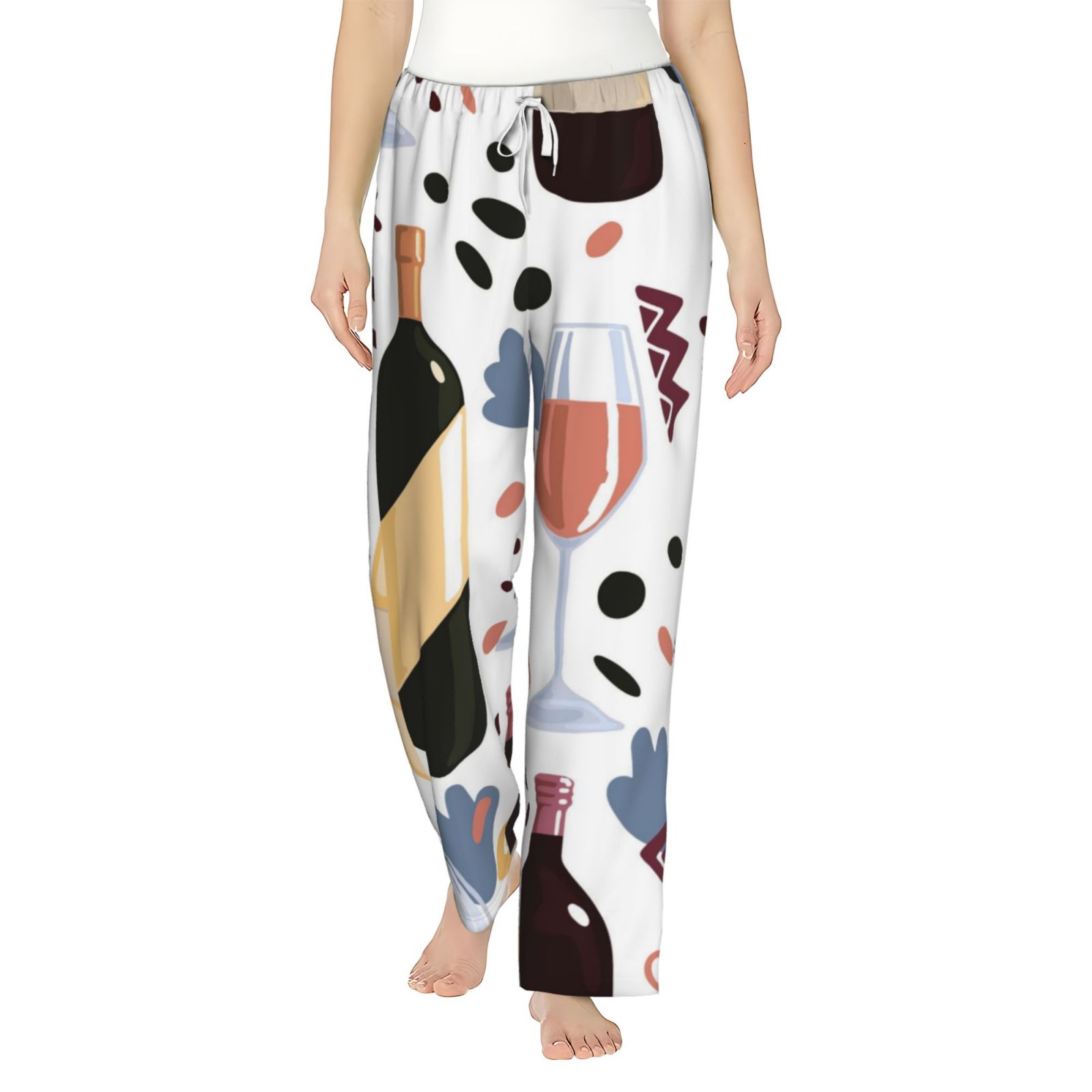 Uemuo Wine Bottles Glasses Pattern Women's Wide Leg Palazzo Lounge ...