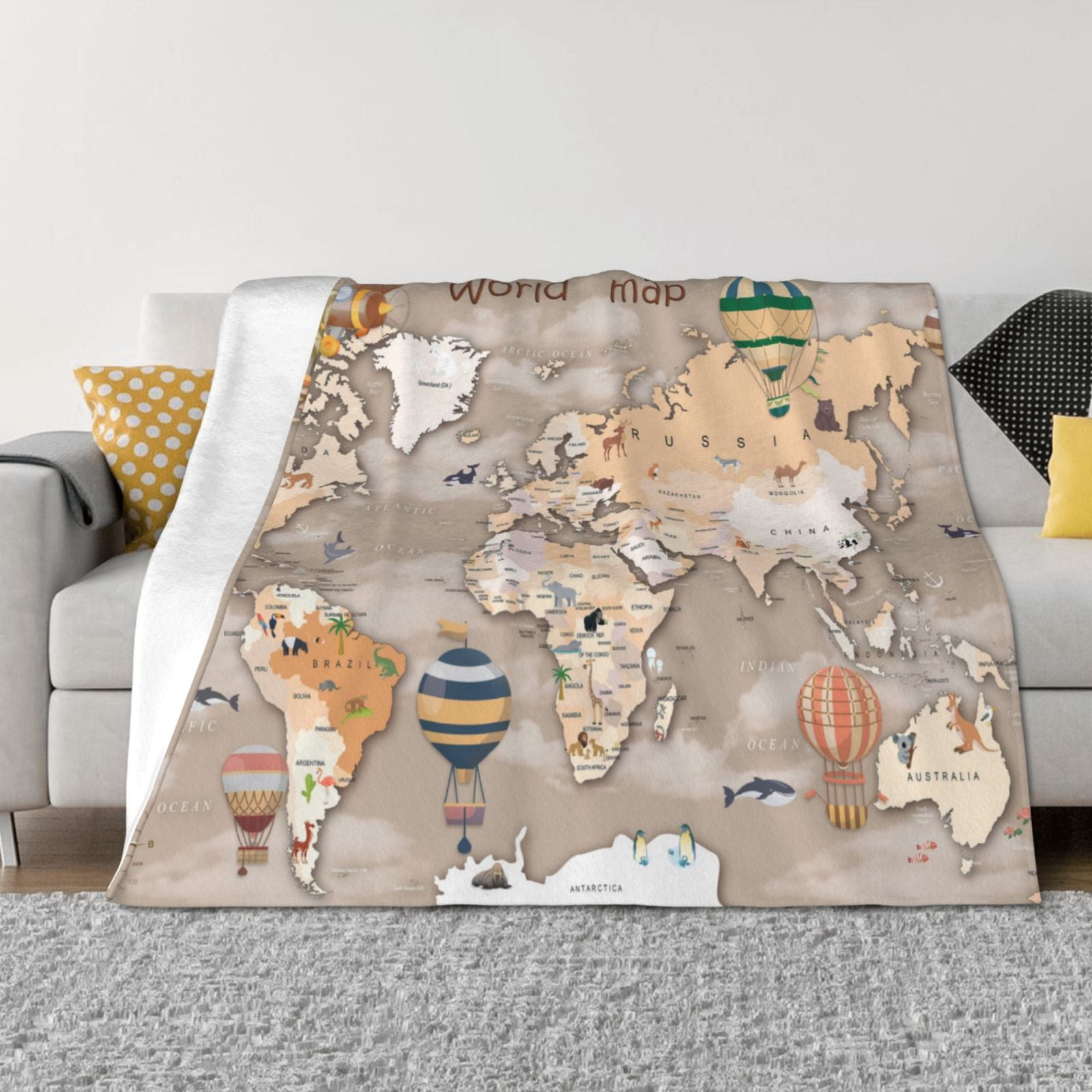 Uemuo World Map With Animals Printed Throw Blanket for Couch, Fluffy ...