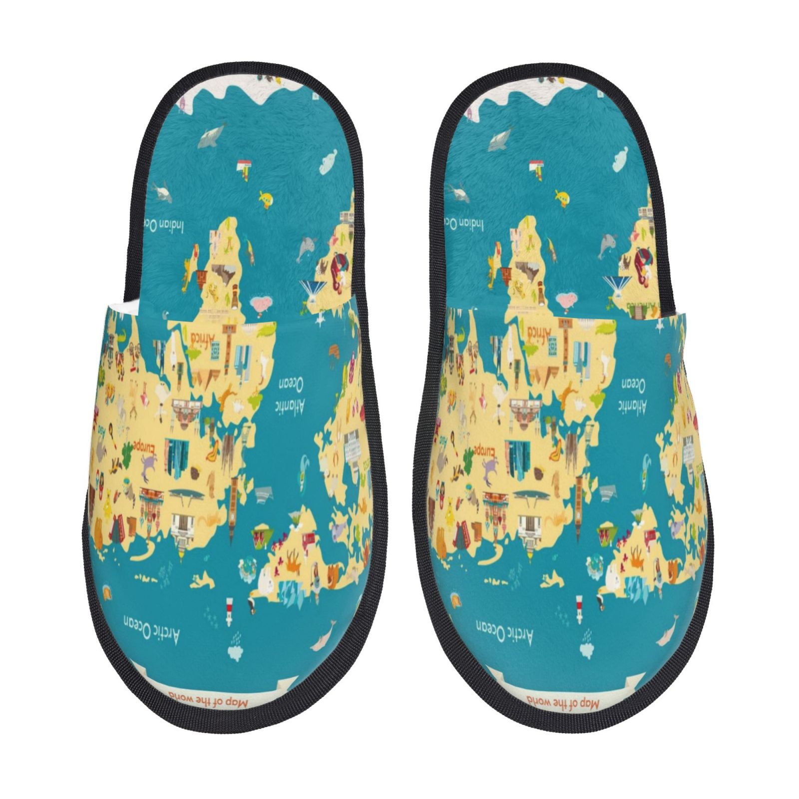 Uemuo World Map With Landmarks Printe Plush Furry Slippers with EVA ...
