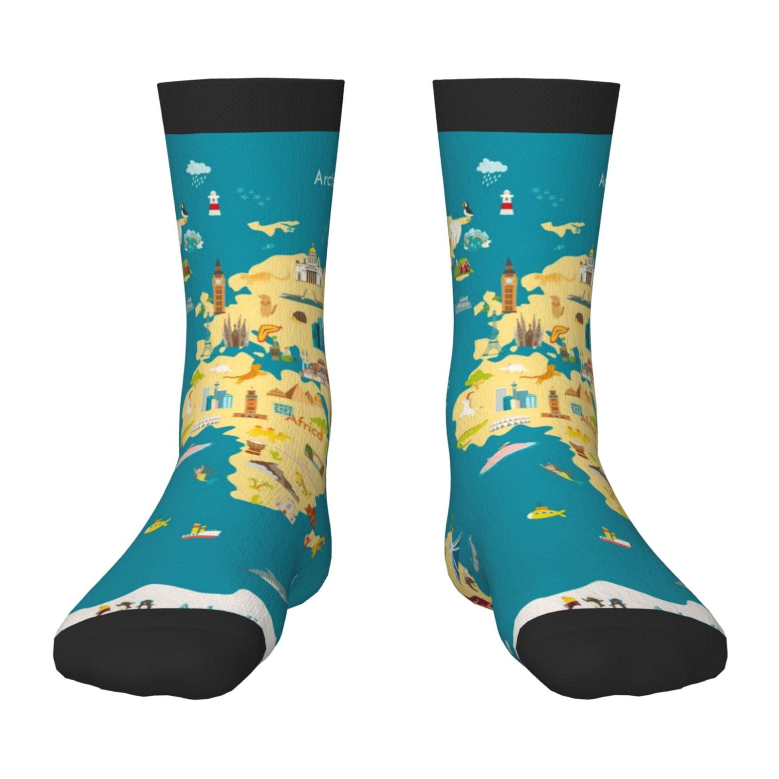 Uemuo World Map With Landmarks Printed Kids Boys Socks Seamless Crew ...