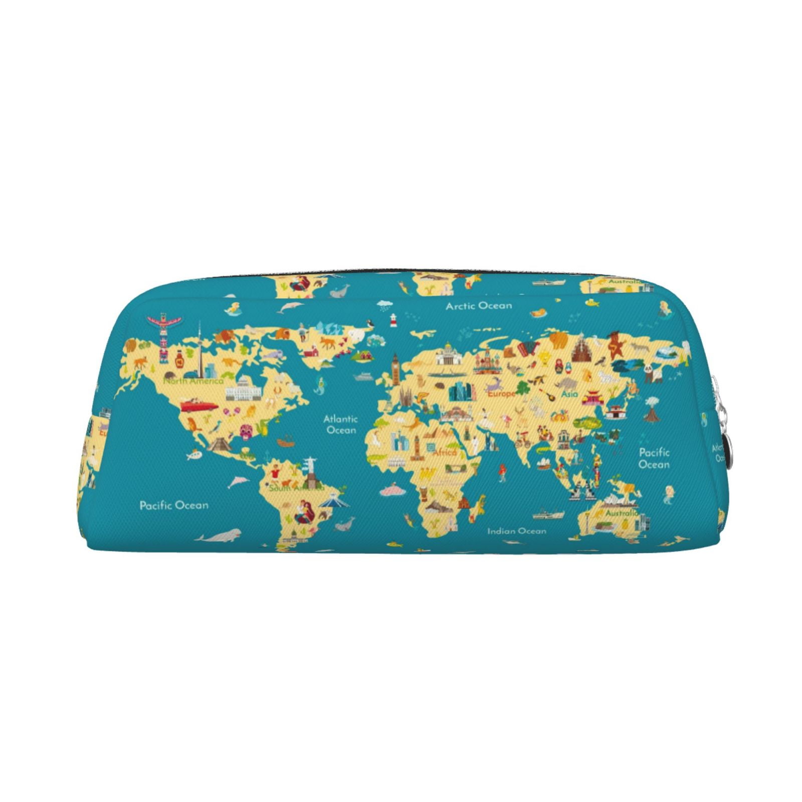 Uemuo World Map With Landmarks Printed Leather Pencil Case, Pencil ...