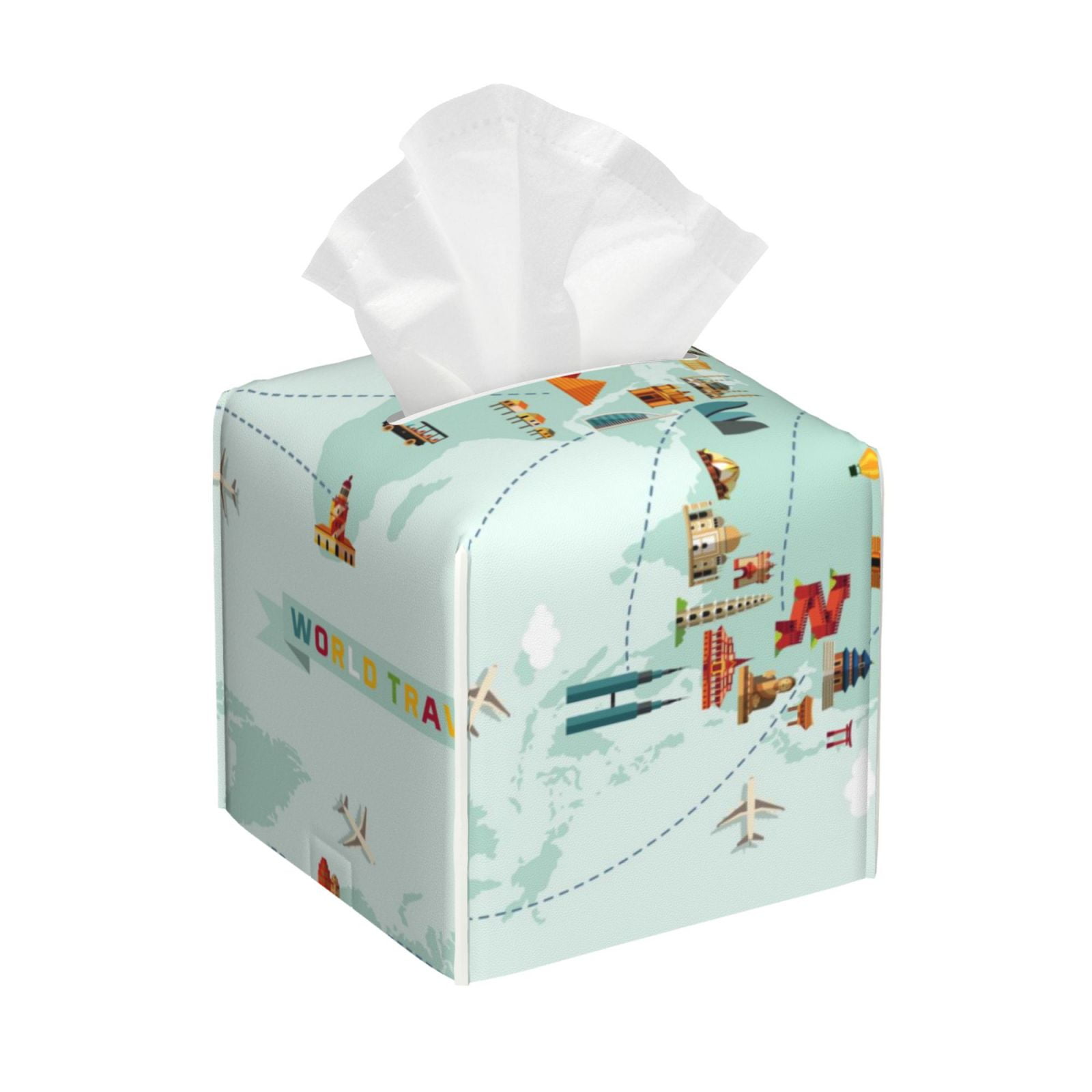 Uemuo World Travel Map Tissue Box Cover Holder, Square with Bottom Belt ...