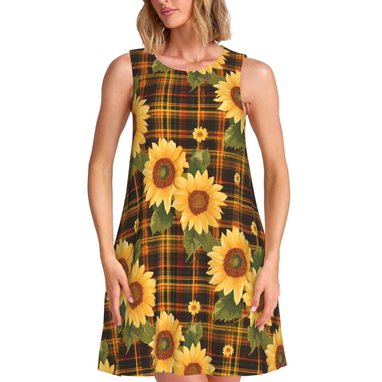 Uemuo Yellow Black Plaid Sunflower Pattern Women’s Sleeveless Dress ...