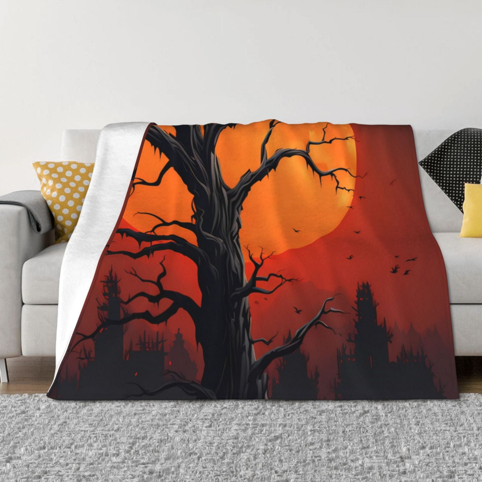 Uemuo Yellow Castle Sunset Tree Printed Throw Blanket for Couch, Fluffy ...