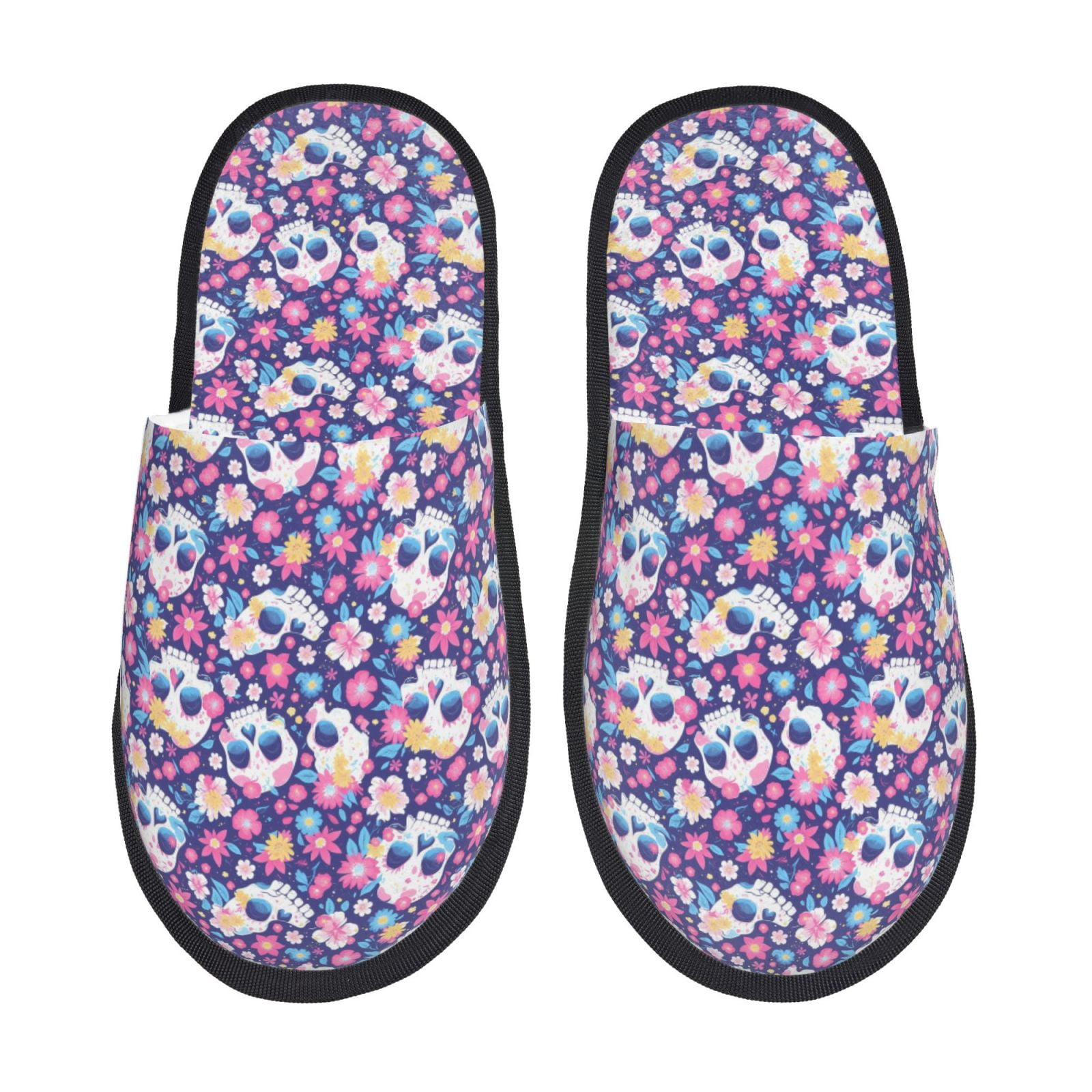 Uemuo blue flower Skull colorful Printe Plush Furry Slippers with EVA ...