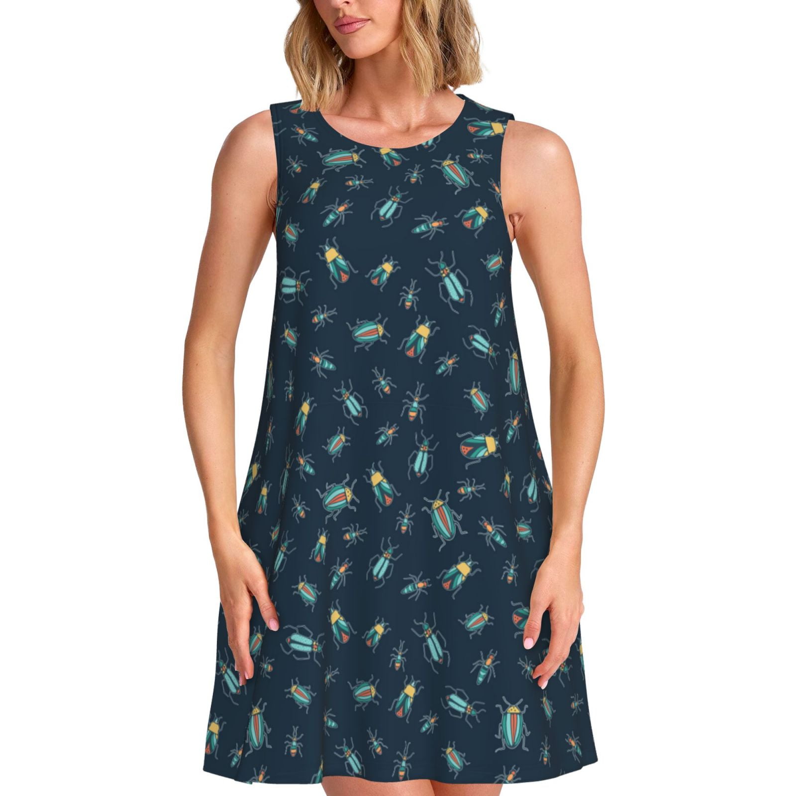 Uemuo blue insects Pattern Women’s Sleeveless Dress – Casual Summer A ...