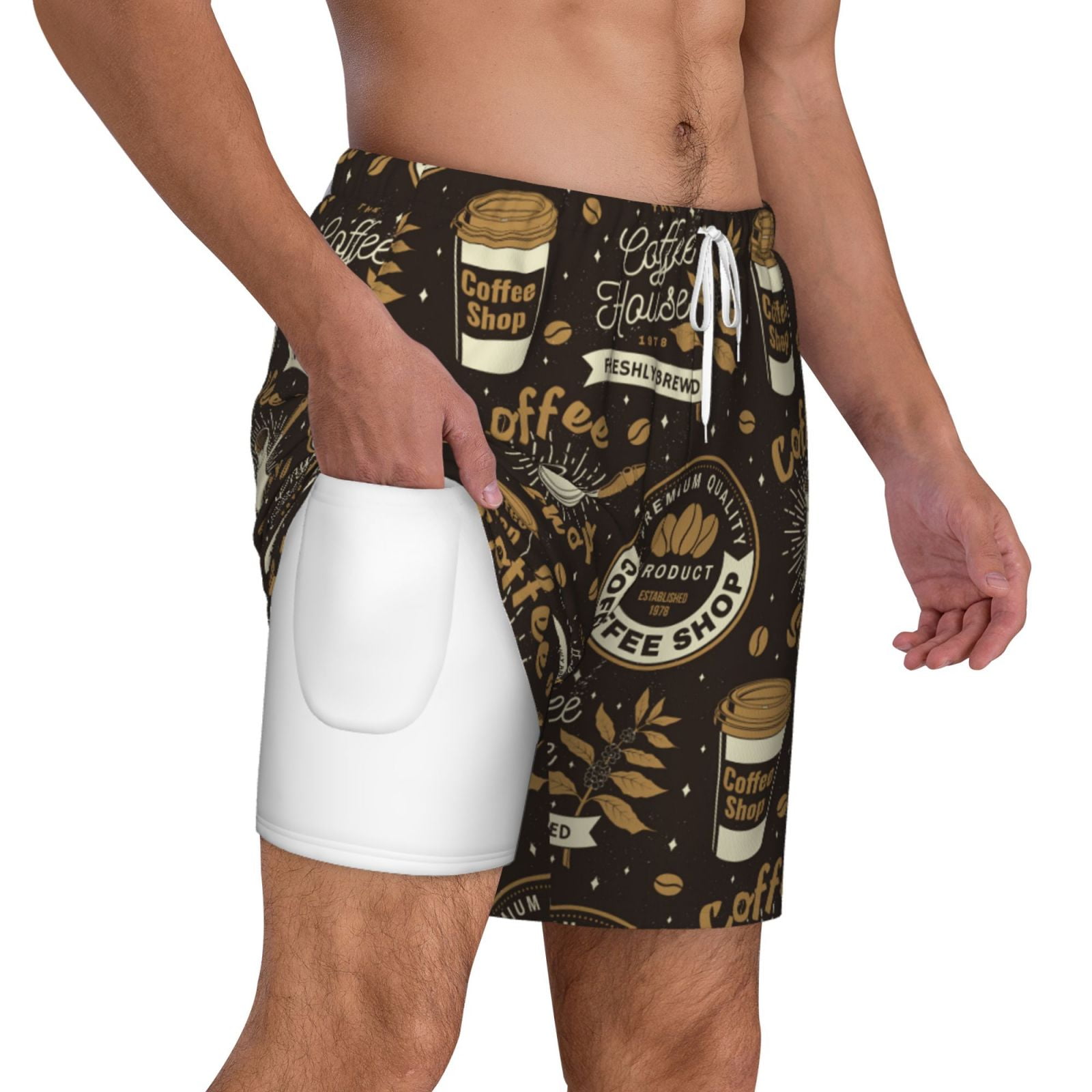 Uemuo coffee shop house Pattern Mens Swim Trunks Quick Dry Board Shorts ...