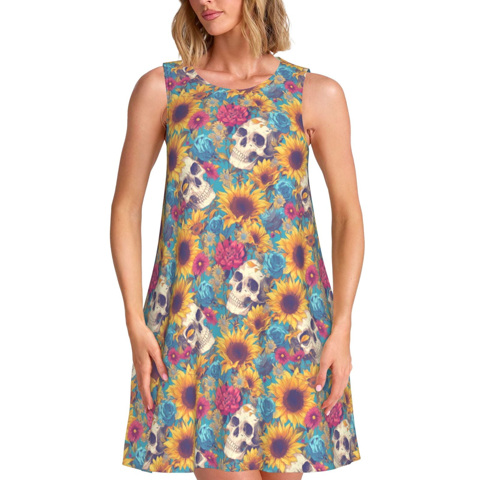 Uemuo colorful Skull sunflower Pattern Women’s Sleeveless Dress ...