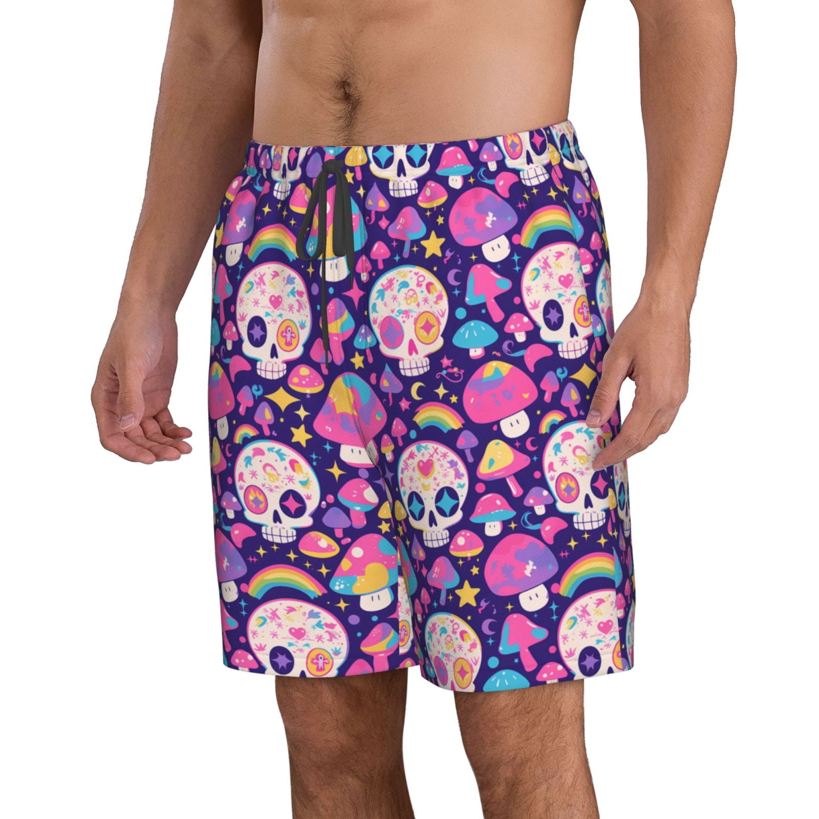 Uemuo cute rainbow mushroom Skull Pattern Men's Swim Trunks Hawaiian ...