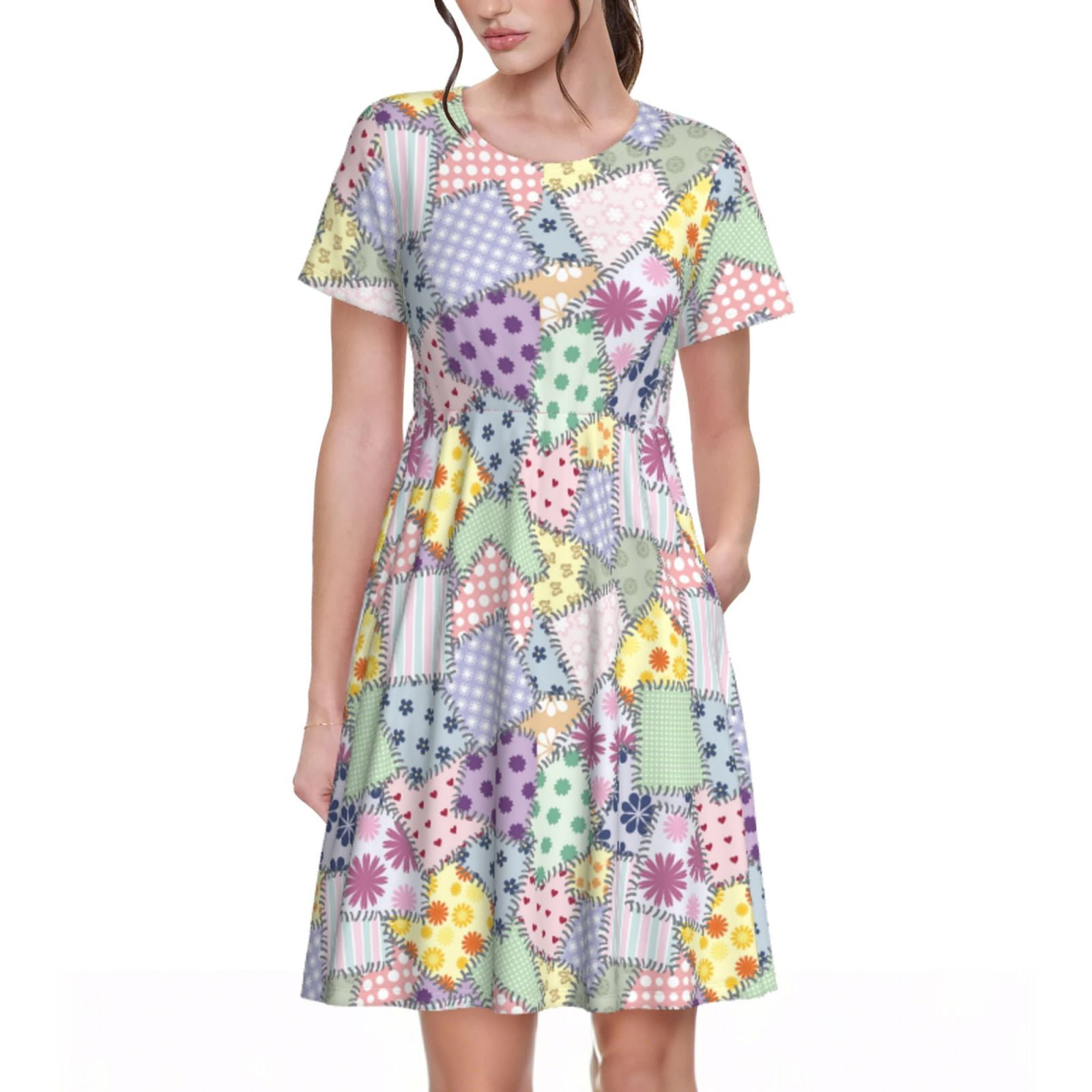 Uemuo different patchwork Print Womens Summer Dress Casual Swing Short ...