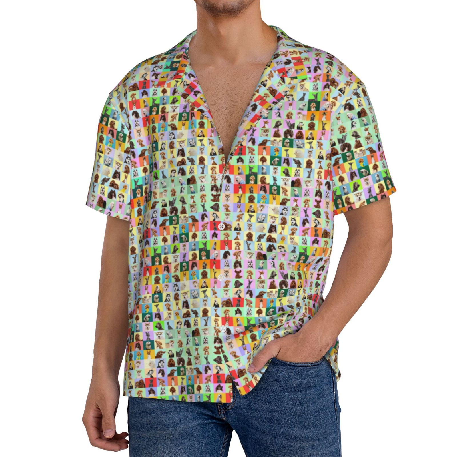 Uemuo dogs collage Pattern Cotton Linen Short Sleeve Shirts,Casual ...