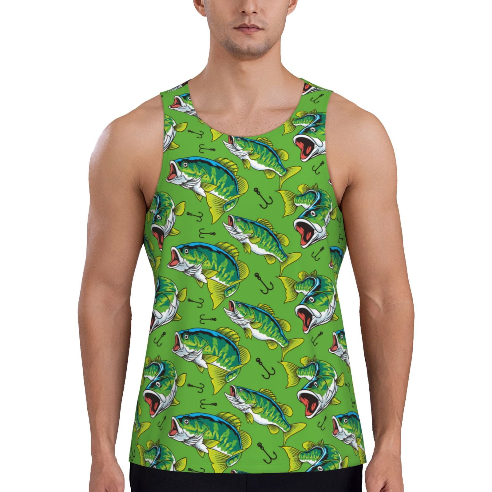 Uemuo large mouth green color bass fish Pattern Men's Muscle Shirts ...