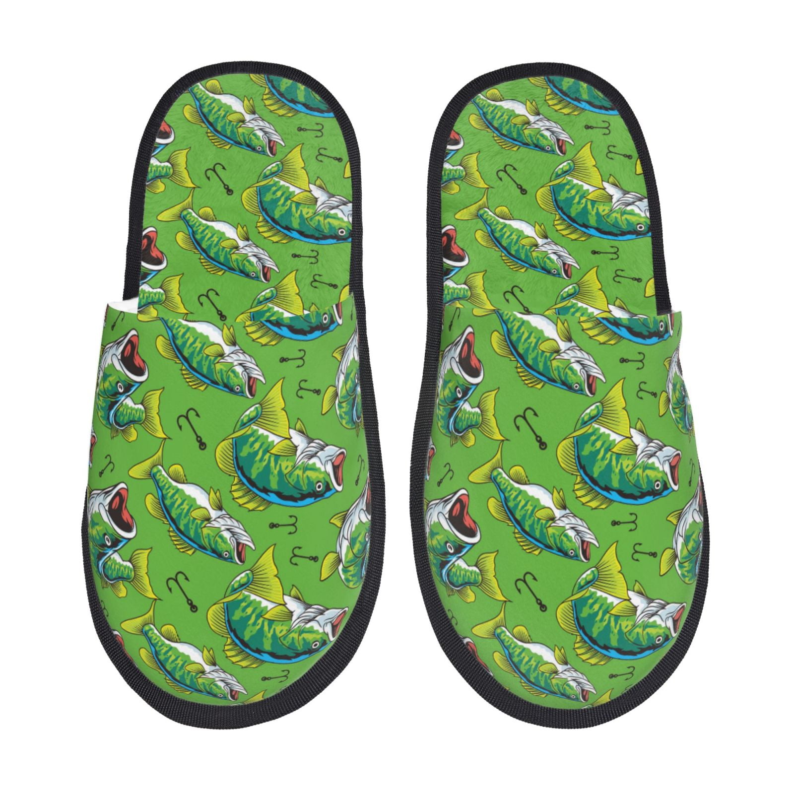 Uemuo large mouth green color bass fish Printe Plush Furry Slippers with EVA Sole for Men ...