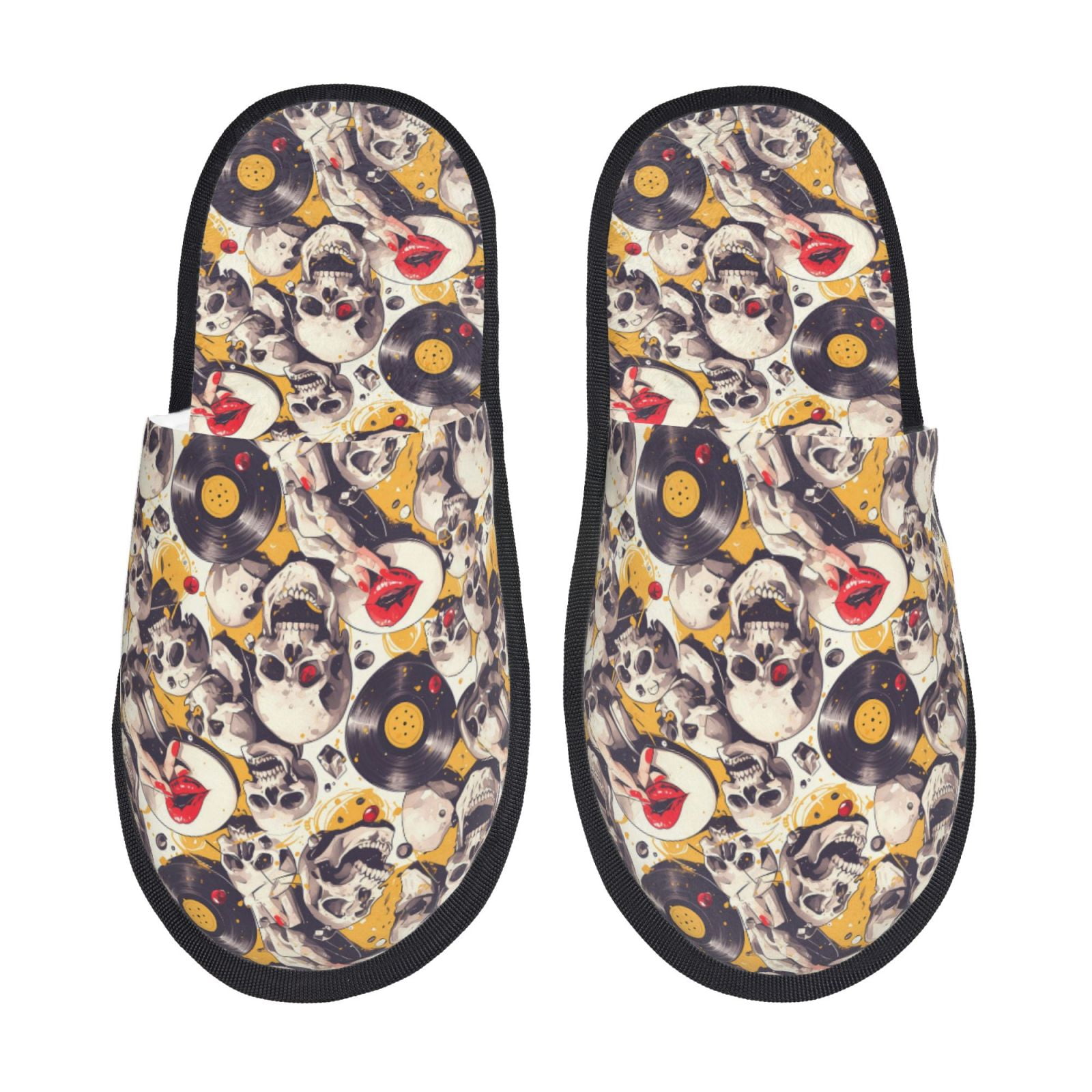 Uemuo lips record rock Skull Printe Plush Furry Slippers with EVA Sole ...