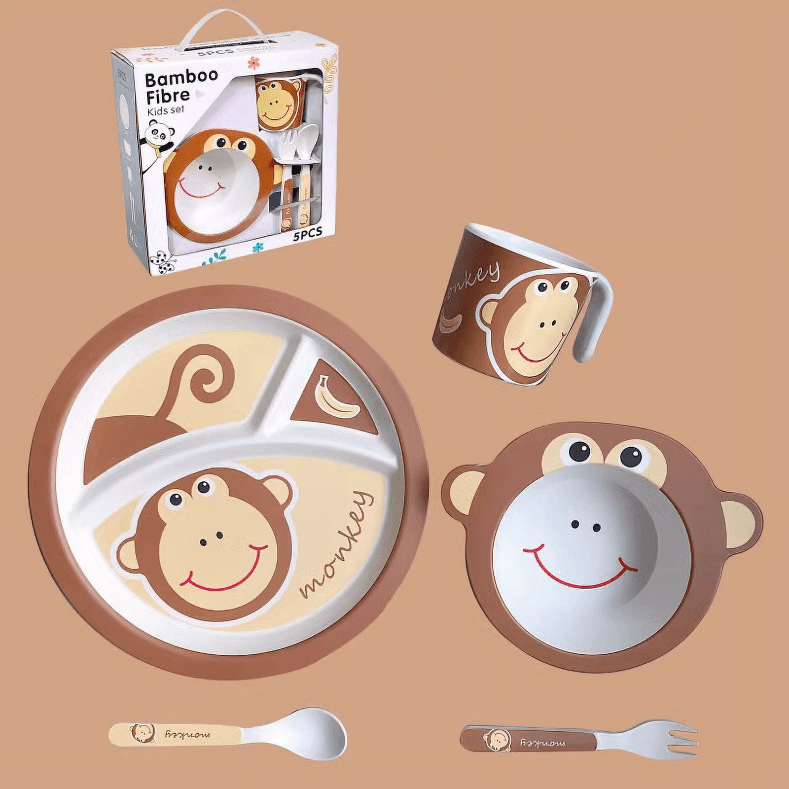 Uervoton 5 Pcs Kids Dinnerware Set for Toddlers -Monkey - Includes ...