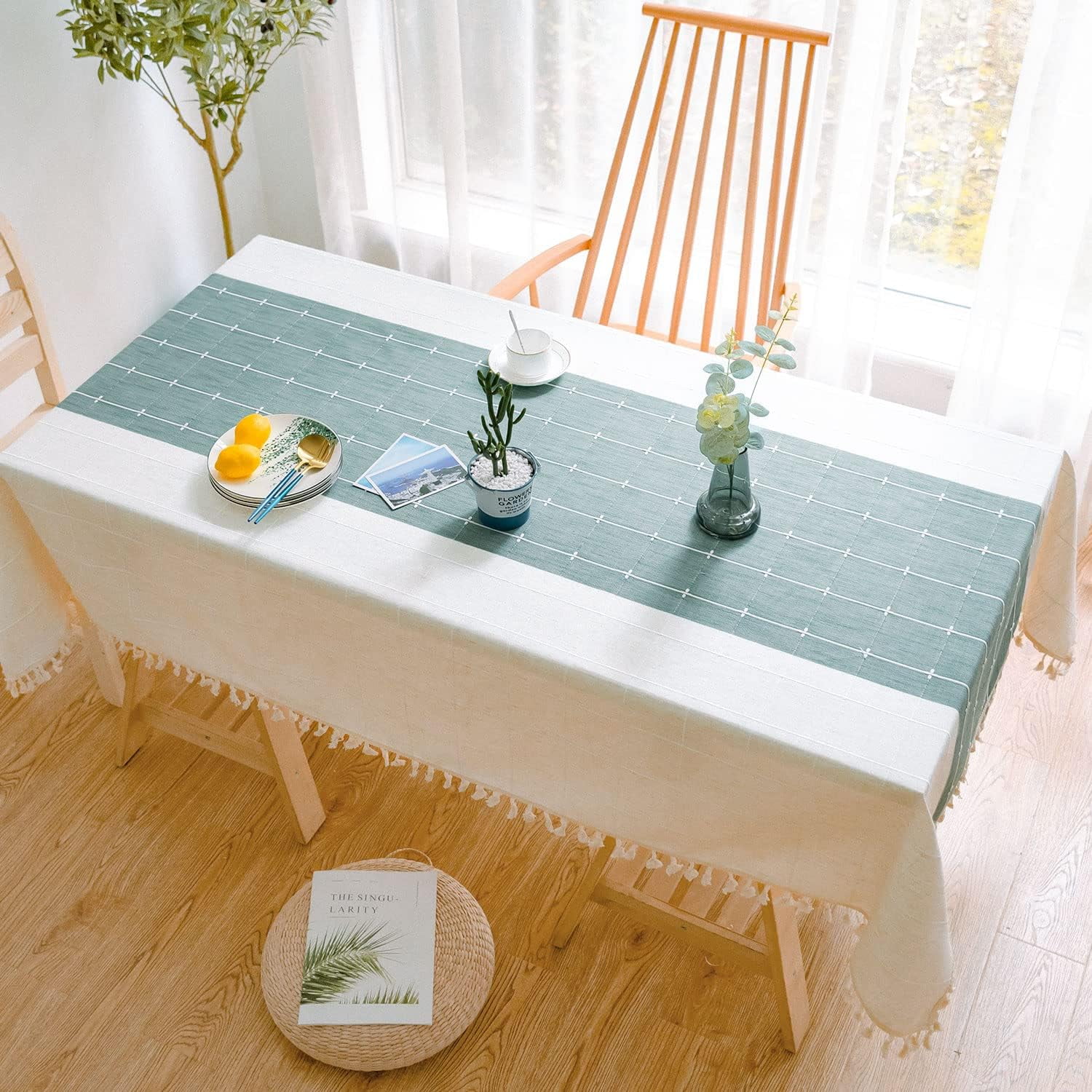 Uervoton Rustic Linen Plaid Table Cloth Boho Style Cream,Kitchen Dining ...