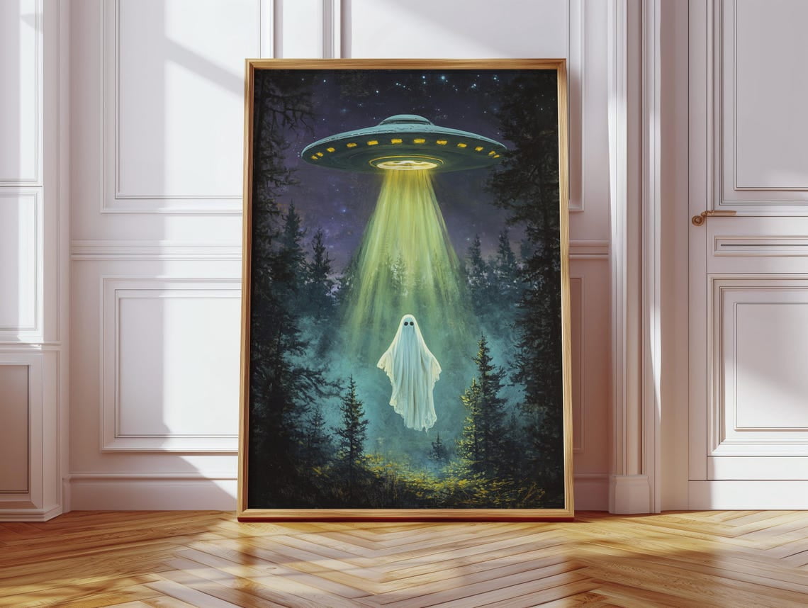 Ufo Abducting Ghost Art Print – Funny Sci-Fi Forest Encounter Wall ...