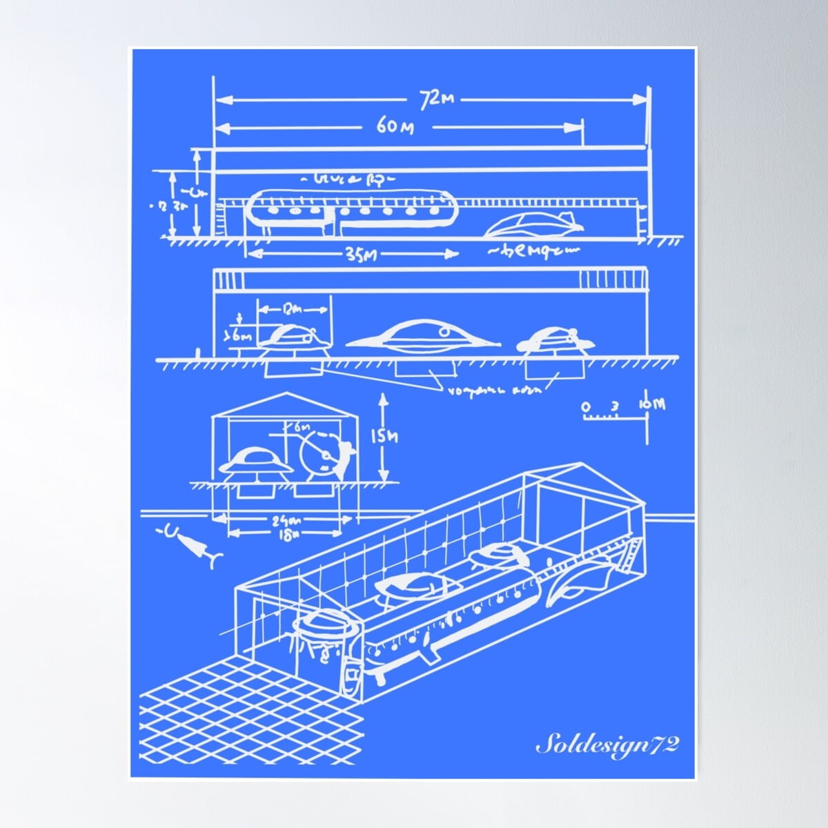Ufo Hangar Blueprint Poster Wall Art, Modern Wall Decor For Living Room ...