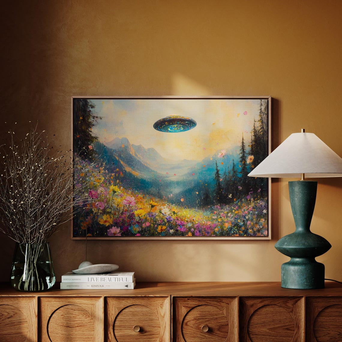 Ufo In Mountain Wildflowers Art - Vibrant Alien Landscape Poster With ...