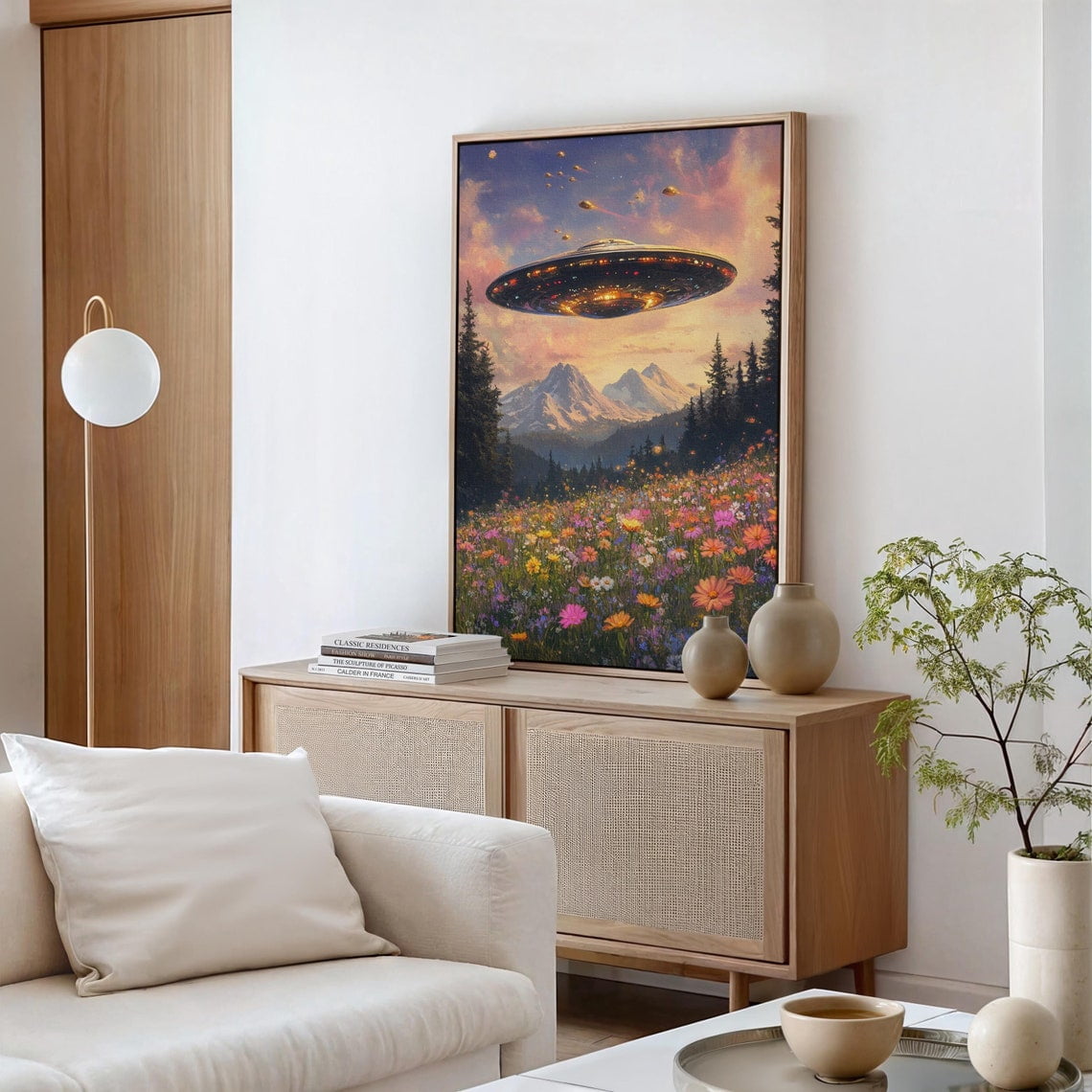 Ufo Over Wildflower Meadow Art - Vibrant Sci-Fi Landscape With ...