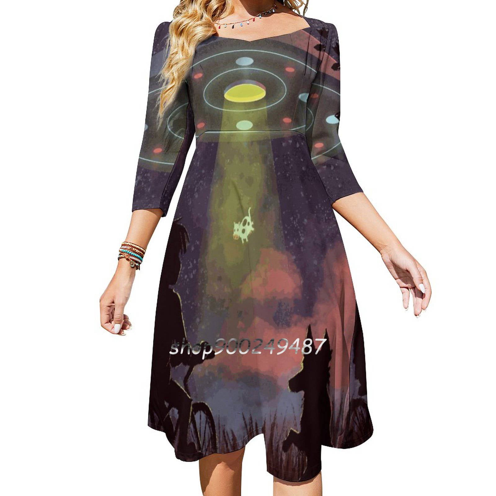 Ufo Sighting Flare Dress Square Neck Dress Elegant Female Fashion ...