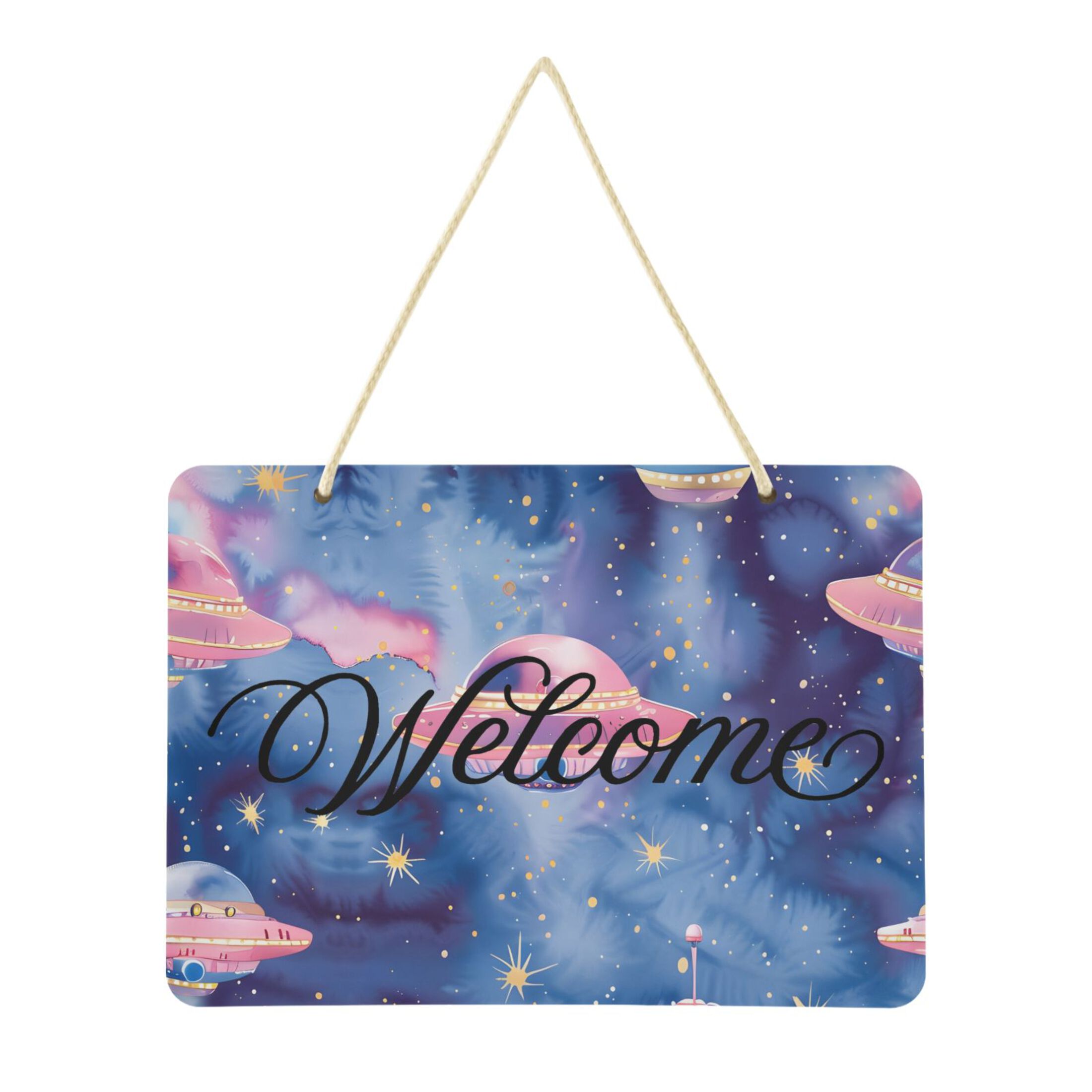 Ufo on Sky Welcome Sign Front Door PVC 14x10 inch Hanger Hello Sign ...