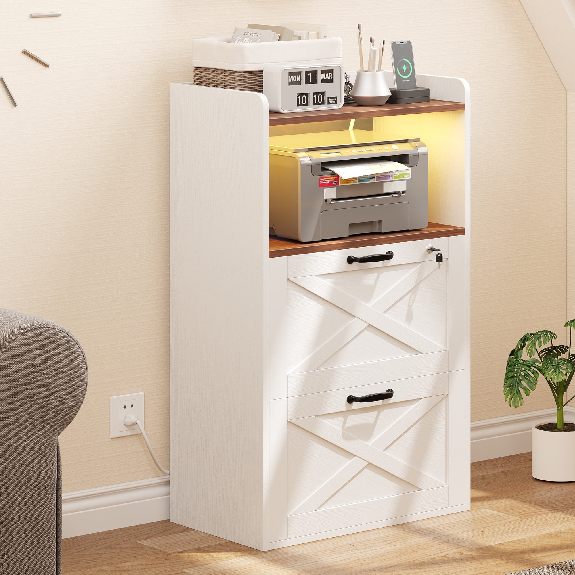 Uforic 2 Drawer File Cabinet with LED Light & Lock, Wood Filing Cabinet ...