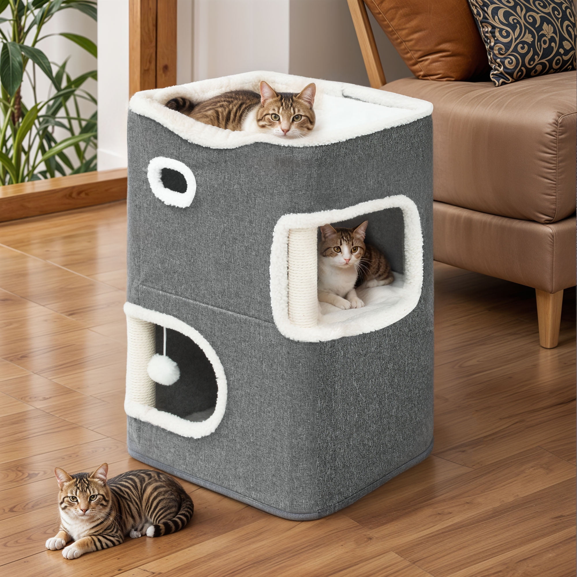 Uforic 2-Level Cat Condo, Indoor Cat Bed with Scratching Posts ...