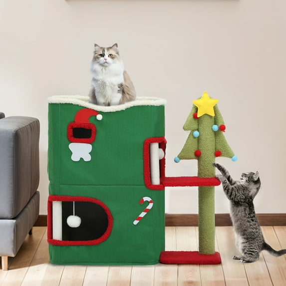 Uforic 2-Level Christmas Cat House, Indoor Cat Play House with ...