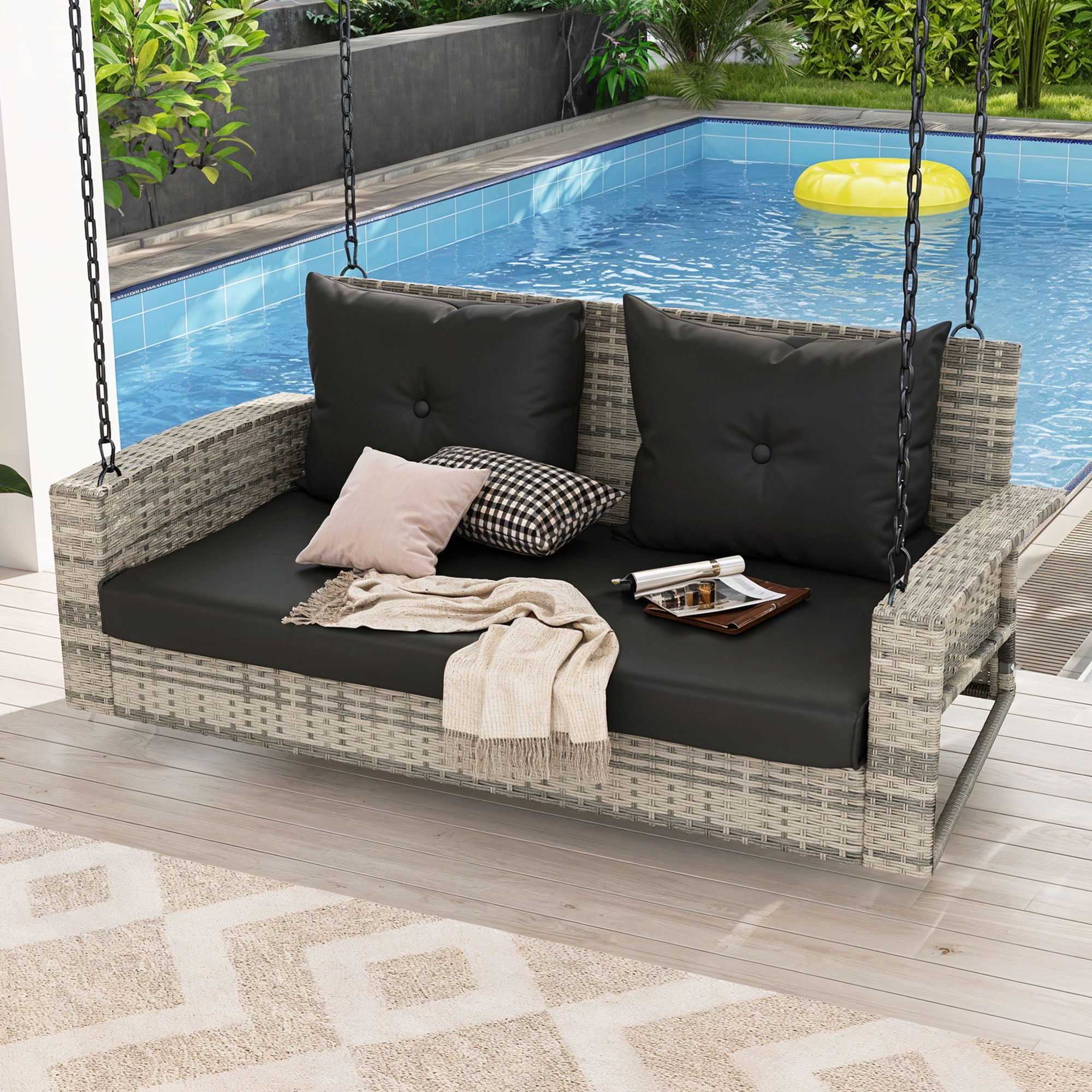 Uforic 2-Seats Wicker Hanging Porch Swing Chair Outdoor Gray Rattan ...