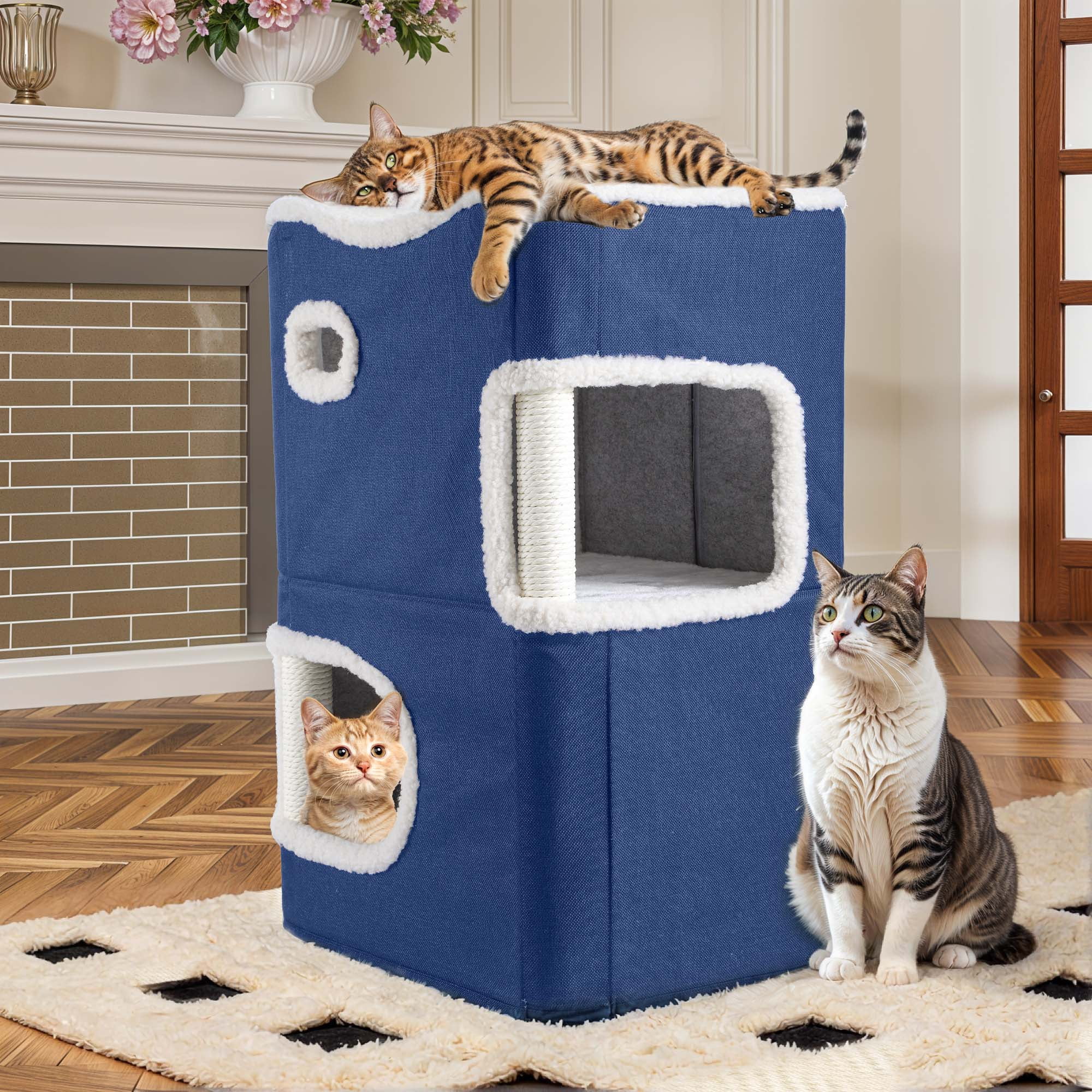 Uforic 2-Tier Indoor Cat Condo with Scratch Pad, Tunnels & Hideaway ...
