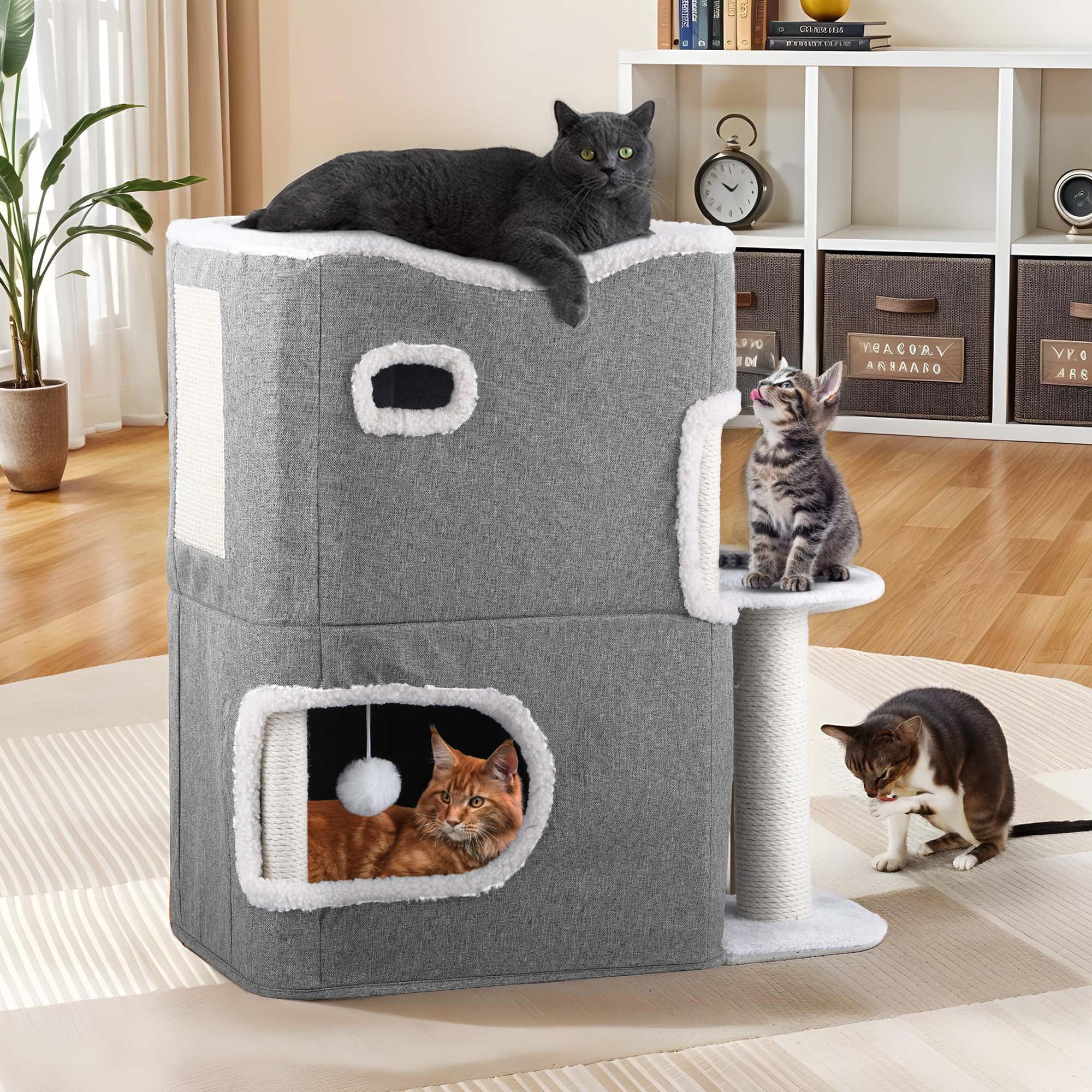 Uforic 2-Tier Cat House, Indoor Cat Condo with Scratching Pads ...